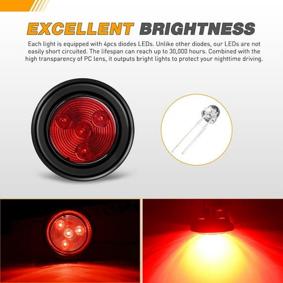 SHAANXIXIAN 2 Inch Round Side Marker Light 10PCS Red Amber 4LED Front ...