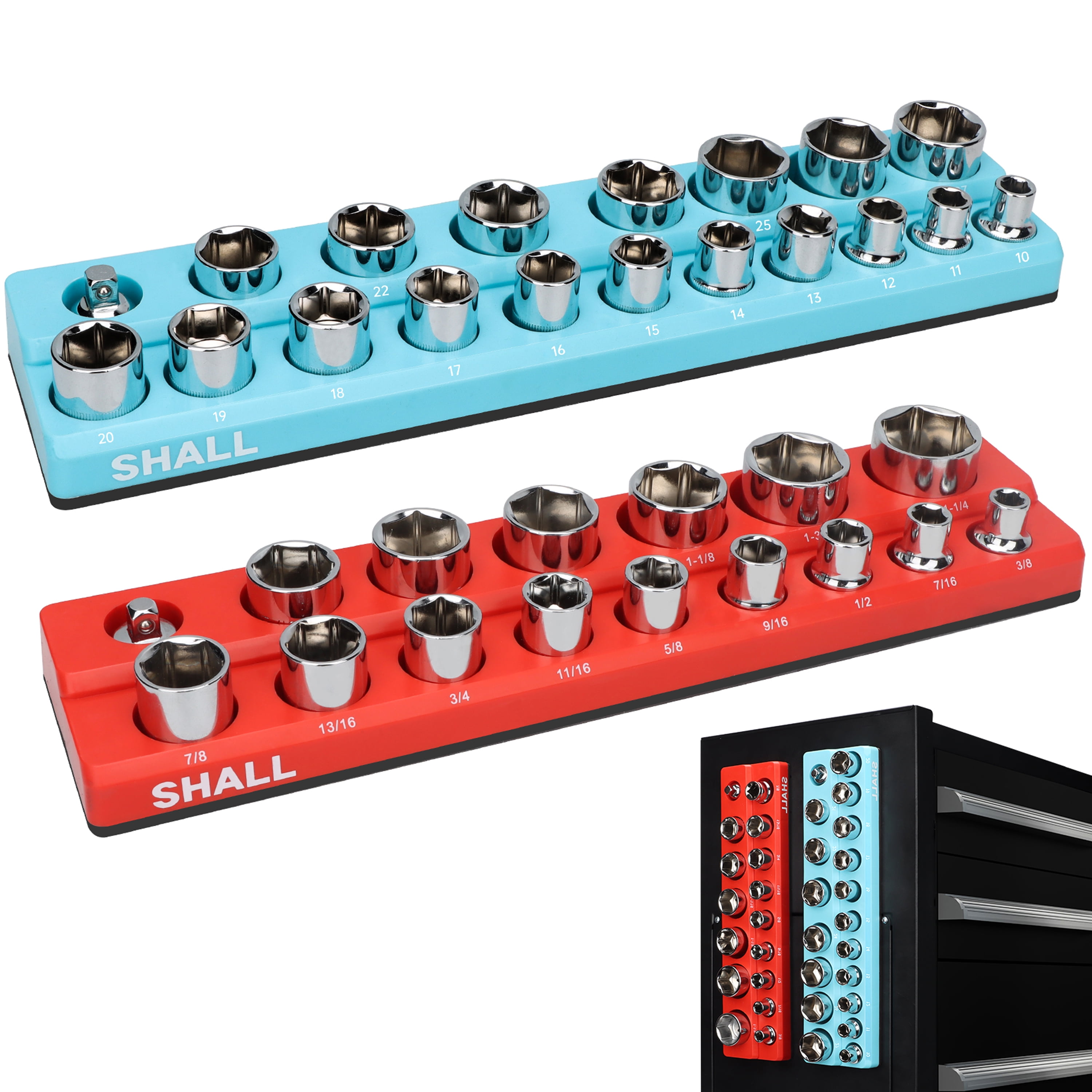 SHALL 1/2 Inch Magnetic Socket Organizer Set, 2-Piece, SAE & Metric, 35 ...