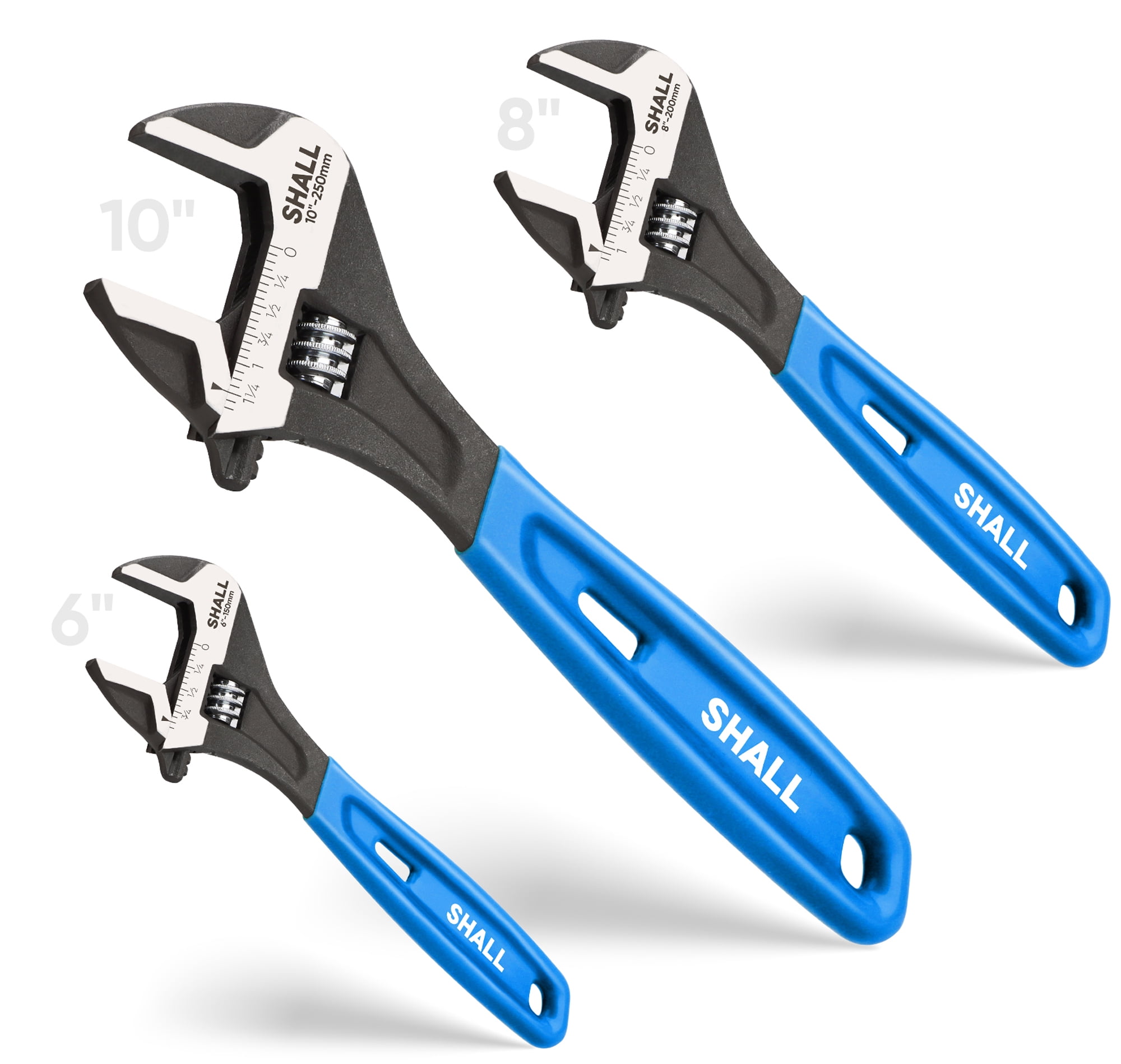 SHALL 3-Piece Adjustable Wrench Set, 10/8/6 Inch Cr-V Steel Wrench with Cushion Grip, Wide Jaw ...