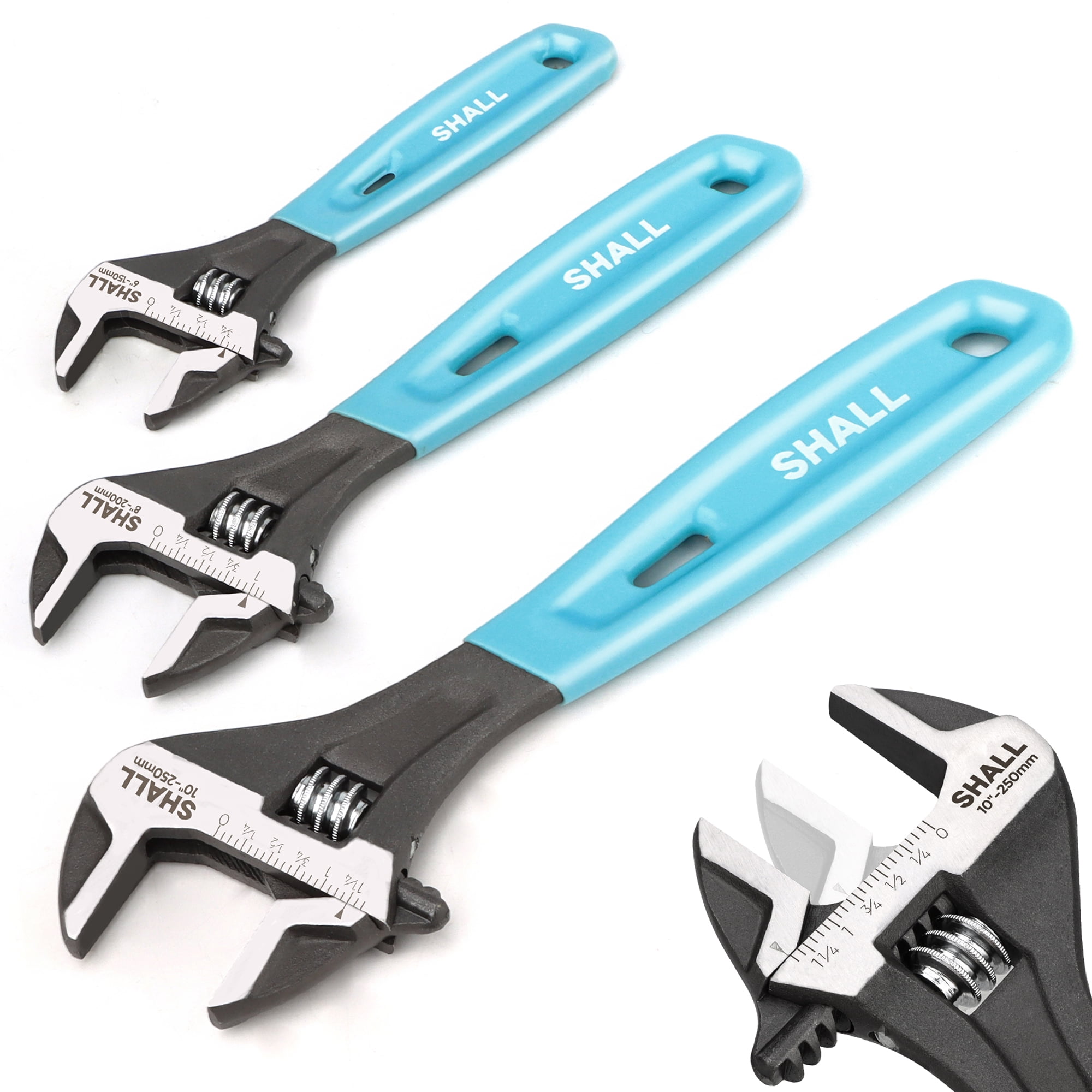 SHALL 3-Piece Adjustable Wrench Set, 10/8/6 Inch Cr-V Steel Tool with Cushion Grip, Wide Jaw for ...