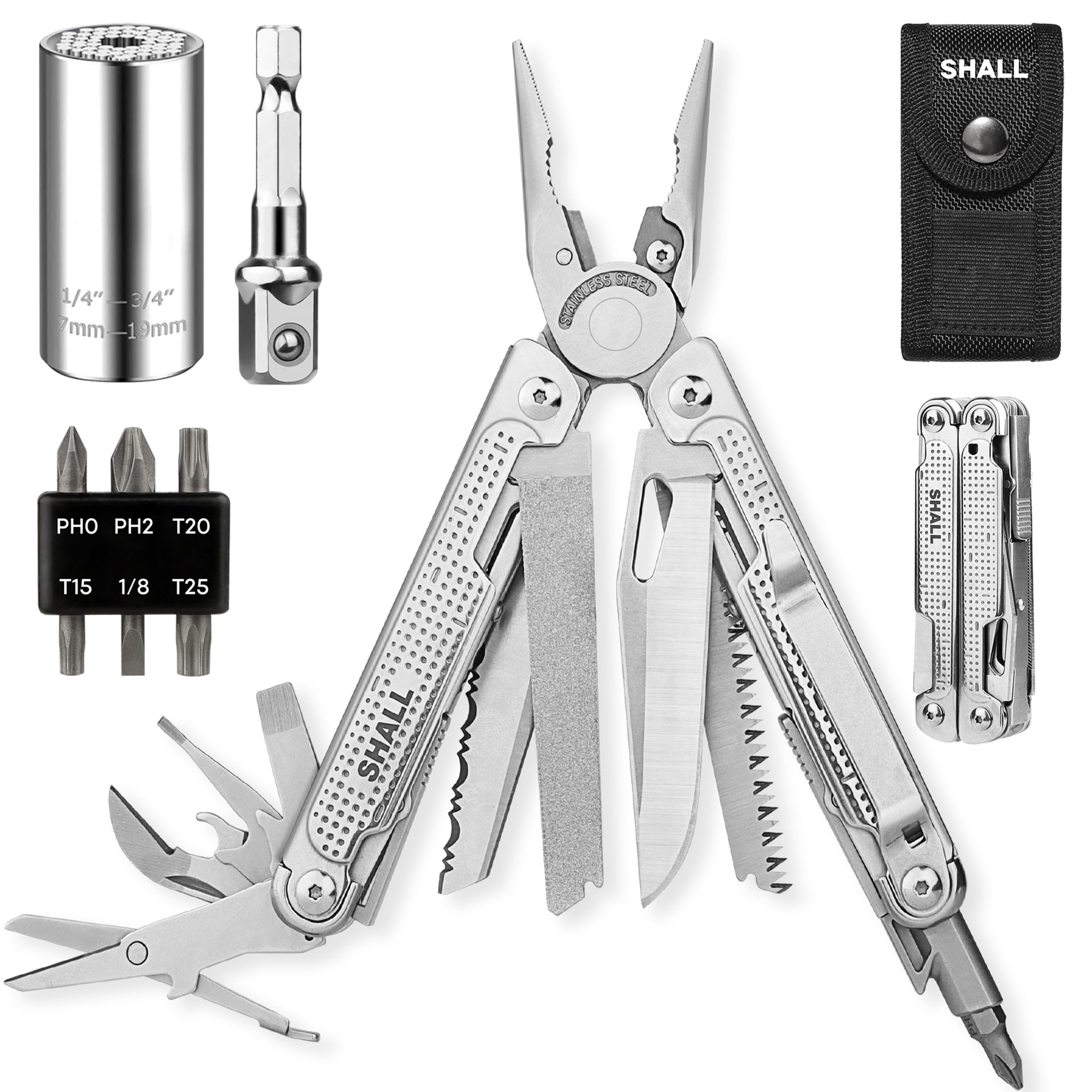 SHALL 18-in-1 Stainless Steel Multitool Set, Pocket Knife & Pliers w ...