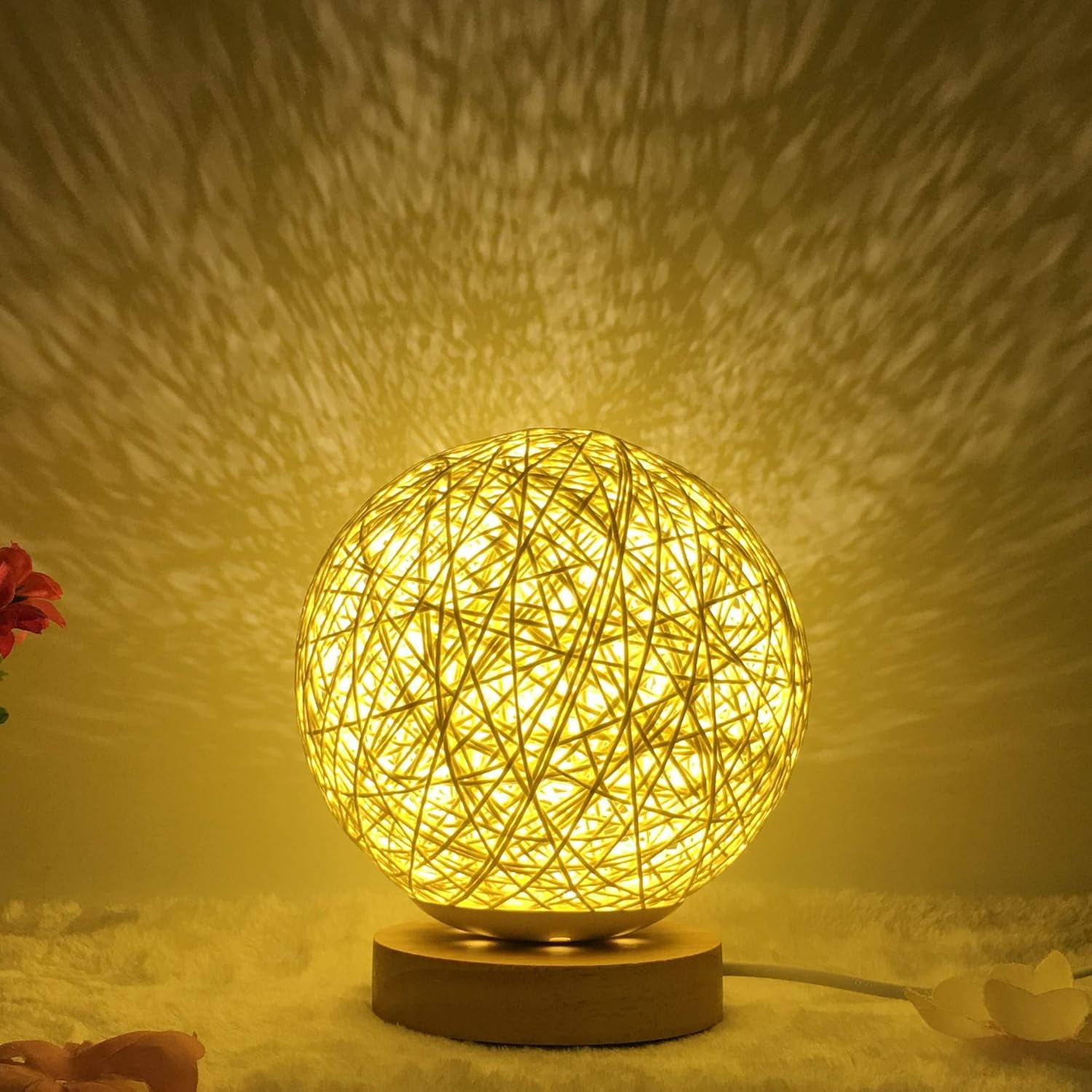 SHANJIA LED Rattan Ball Table Light, Round Base Dimmable Night Lights ...