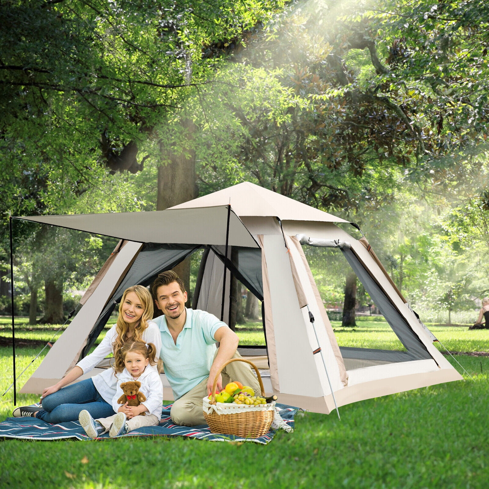 SHANNA Camping Tent 3-4 Person Family Tents with Shelter, Automatic Pop ...