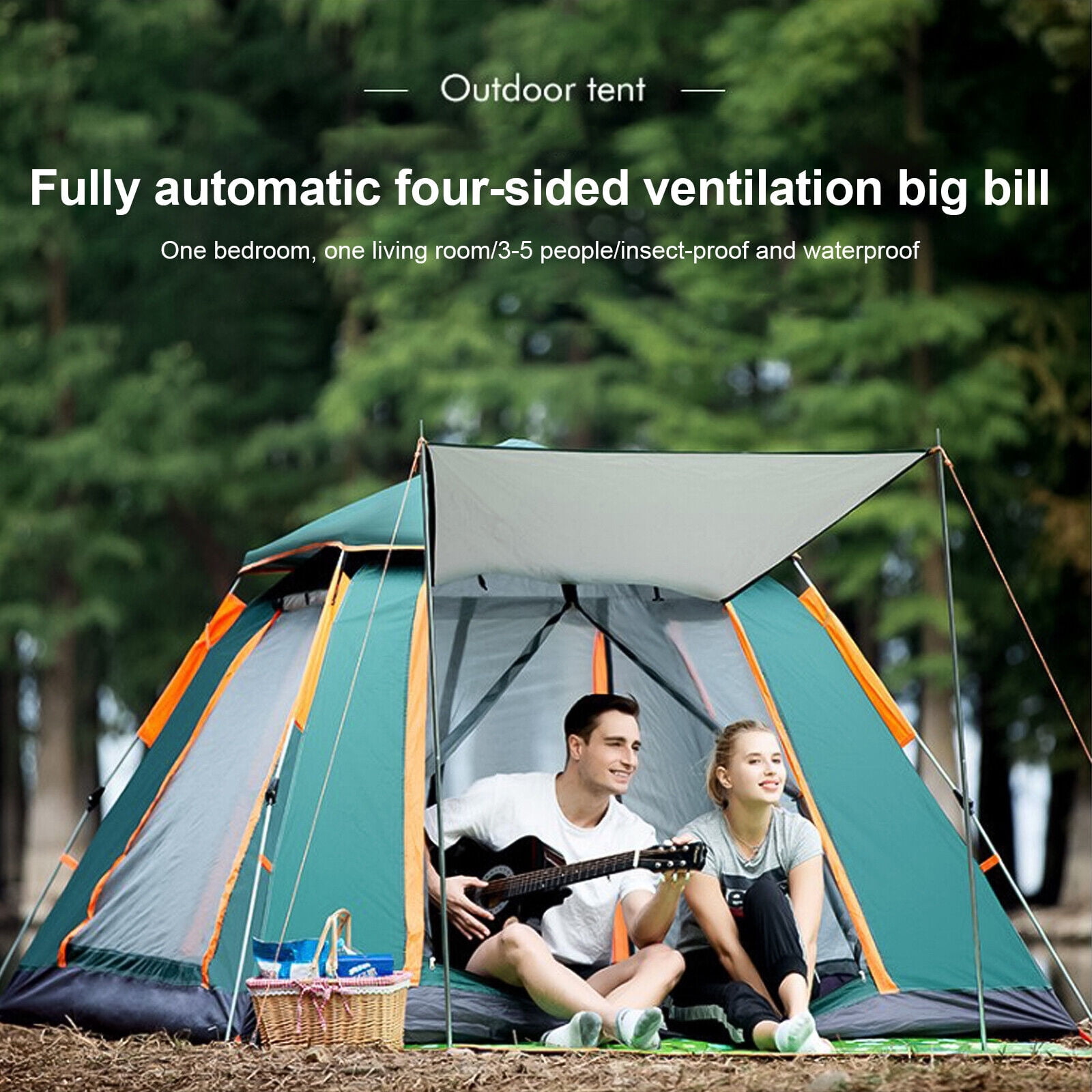 SHANNA Camping Tent 3-4 Person Family Tents with Shelter, Automatic Pop ...