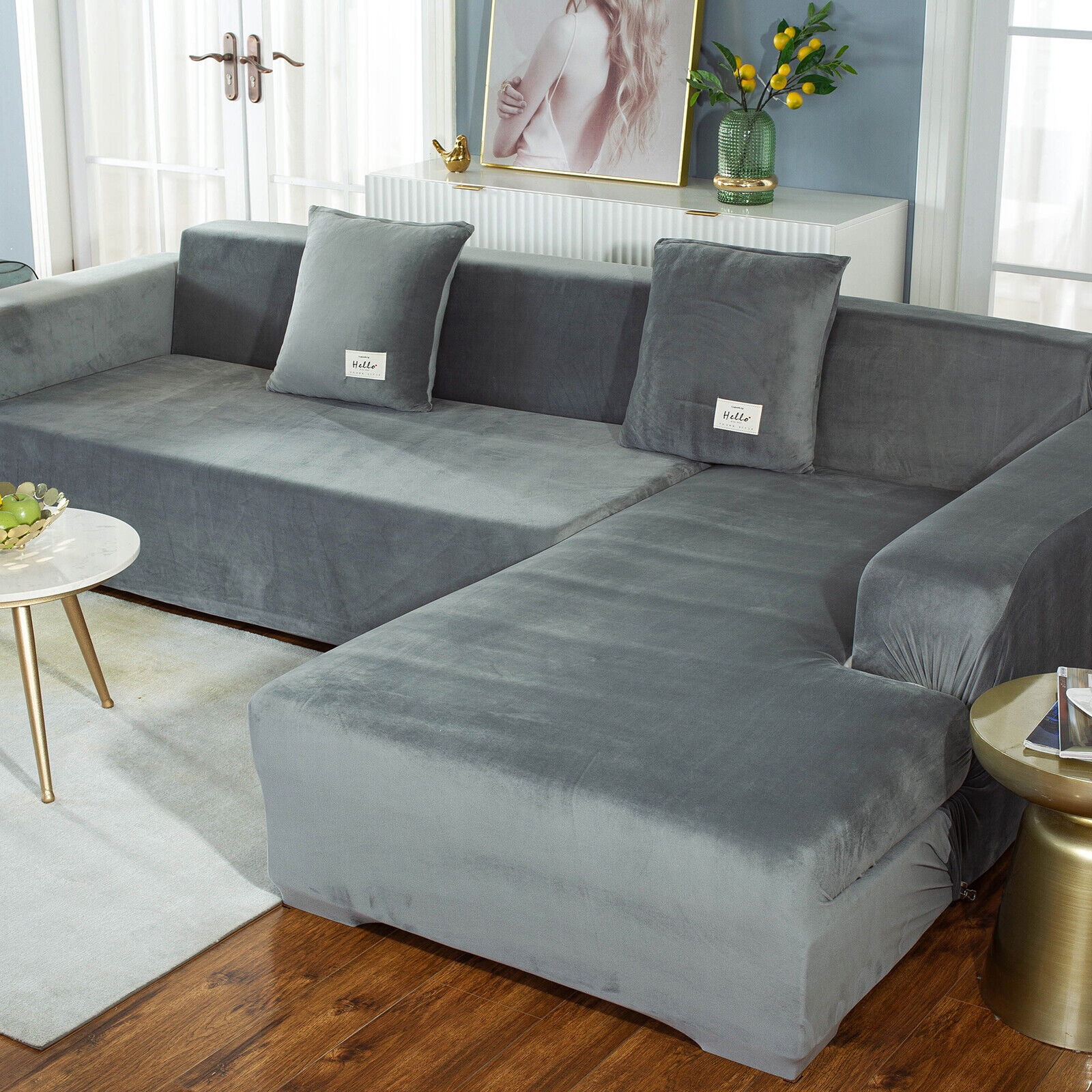 SHANNA Thick Velvet L Shape Sofa Covers, Non-Slip Sectional Couch Cover ...