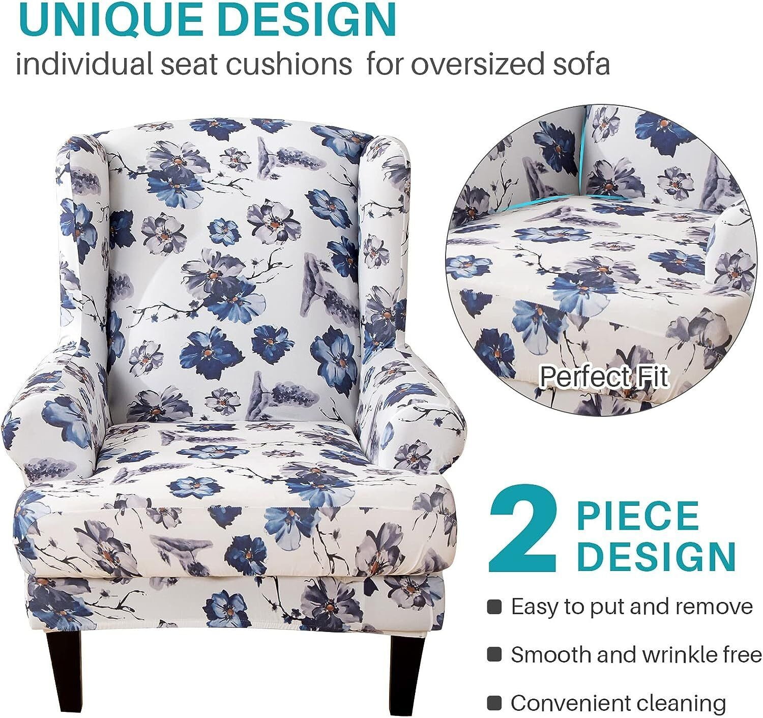 SHANNA Wingback Chair Slipcover, Non-Slip, Floral Pattern, Polyester ...