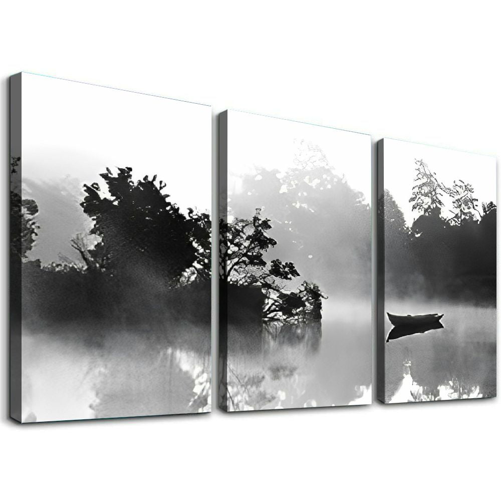 SHANXI Wall Art Canvas: Foggy Forest Landscape Picture Water Scenery ...