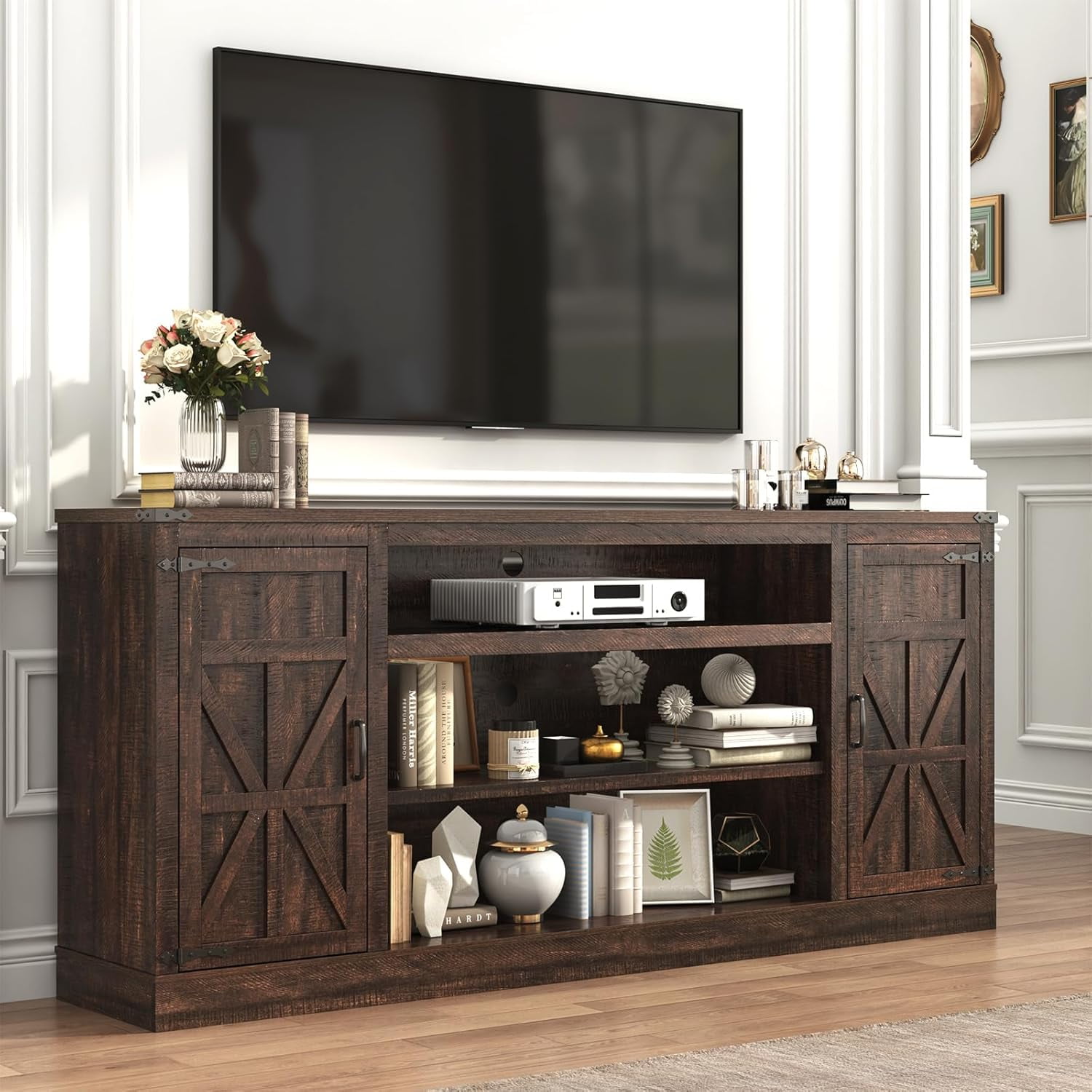 SHAORONG 75" Farmhouse TV Stand with Power Outlets for 85 Inch TVs, 33 ...