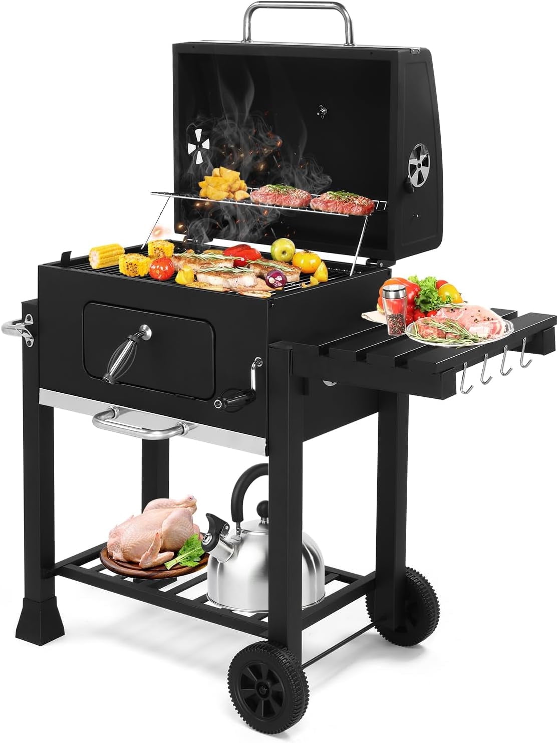SHAORONG Black Charcoal Grill Outdoor BBQ Grill with Foldable Side ...
