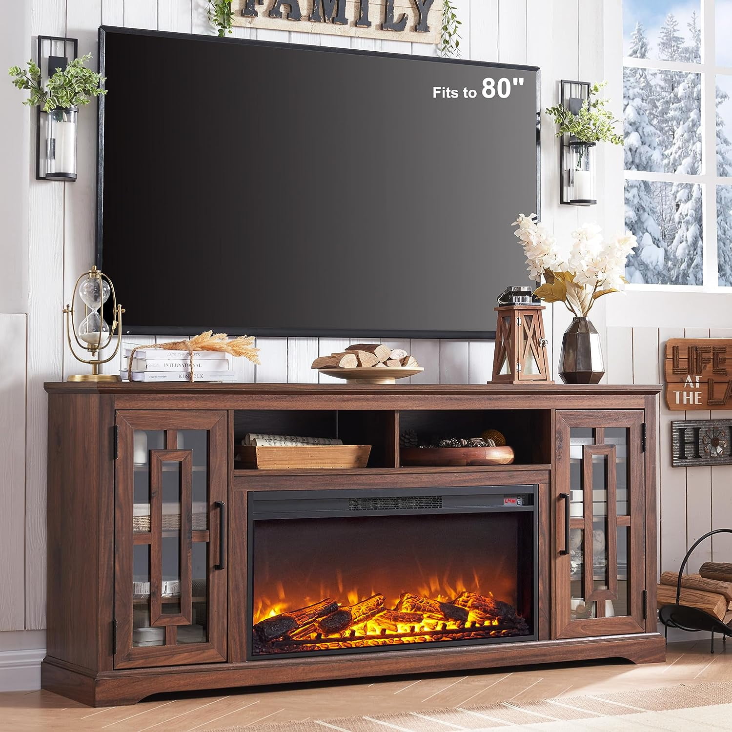 SHAORONG Fireplace TV Stand with 36" Electric Fireplace for 80 Inch TV ...