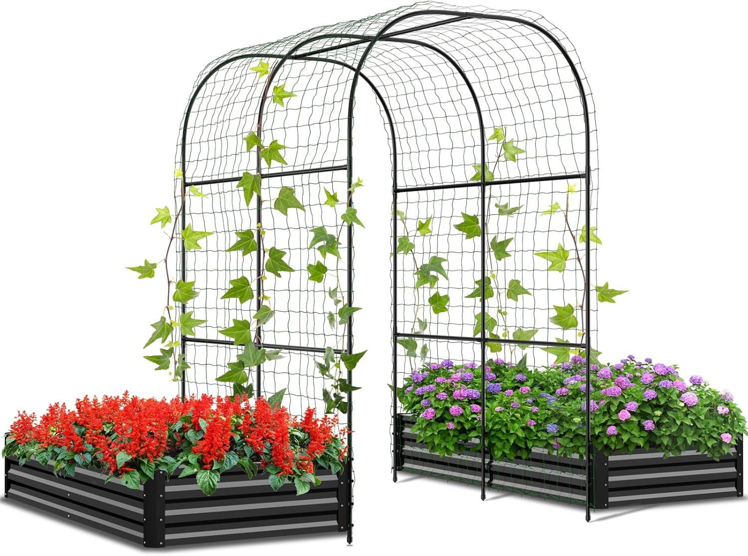 SHAORONG Galvanized Raised Garden Bed with 87" H Arch Trellis, 3 in 1 ...