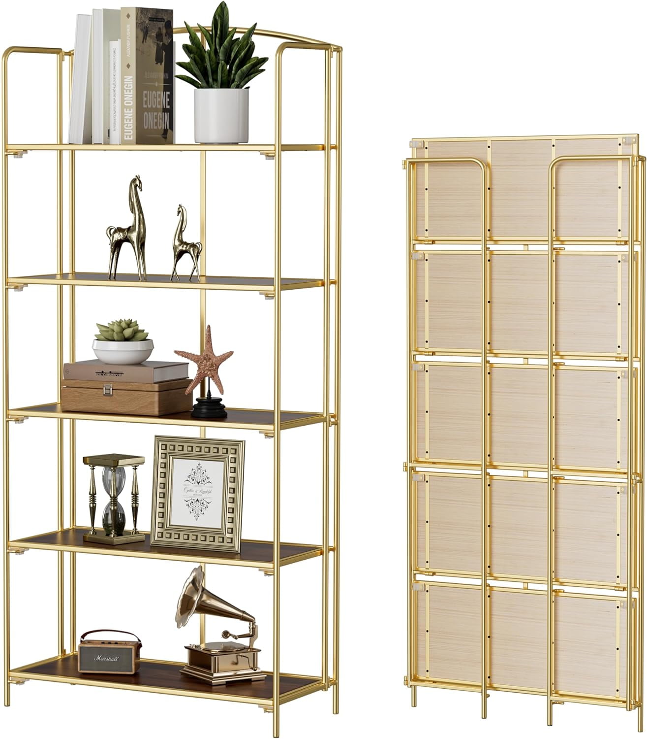 SHAORONG No Assembly Folding Bookshelf for Living Room, 5 Tier Gold ...