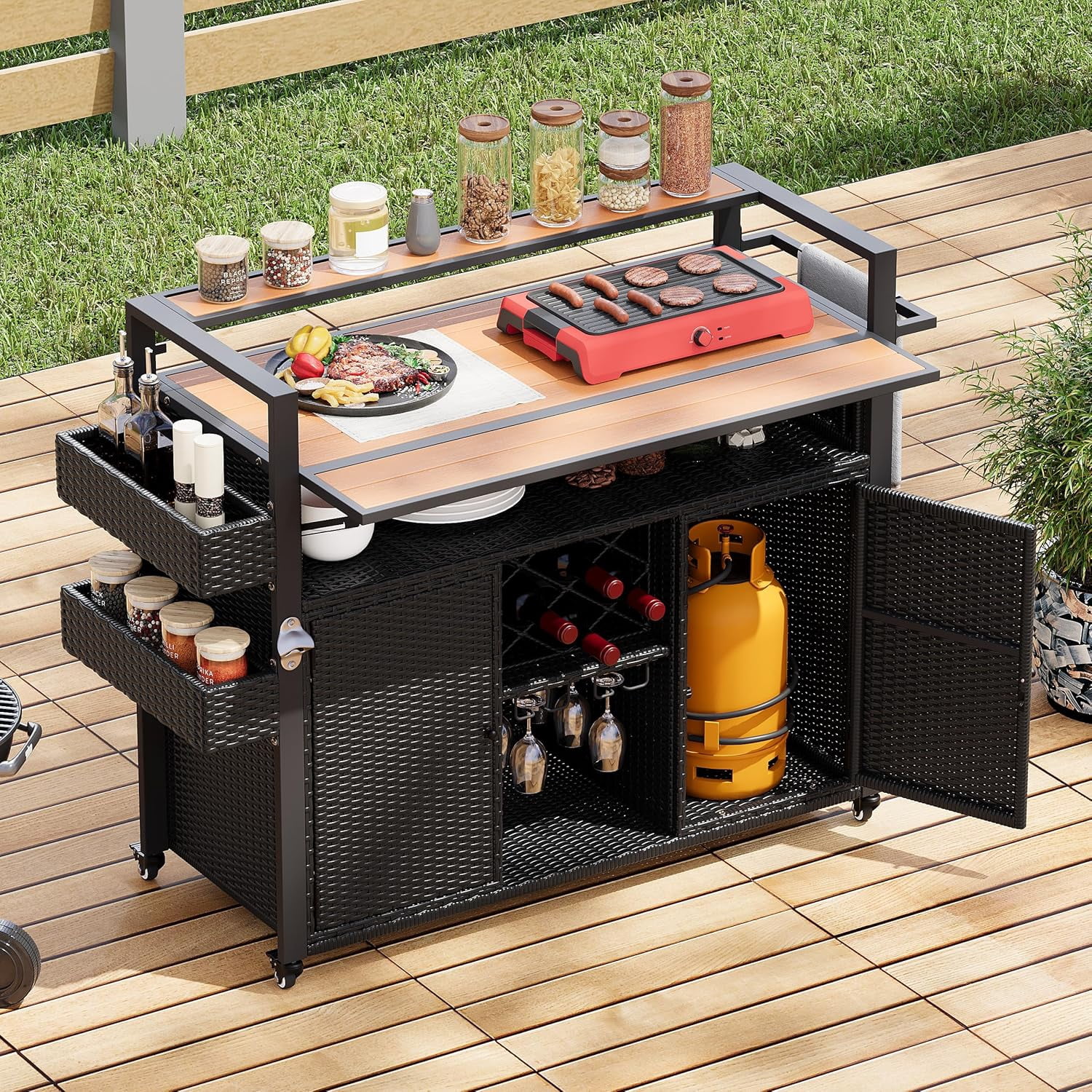 SHAORONG Wicker Outdoor Storage Cabinet with Extended Plastic Wood ...
