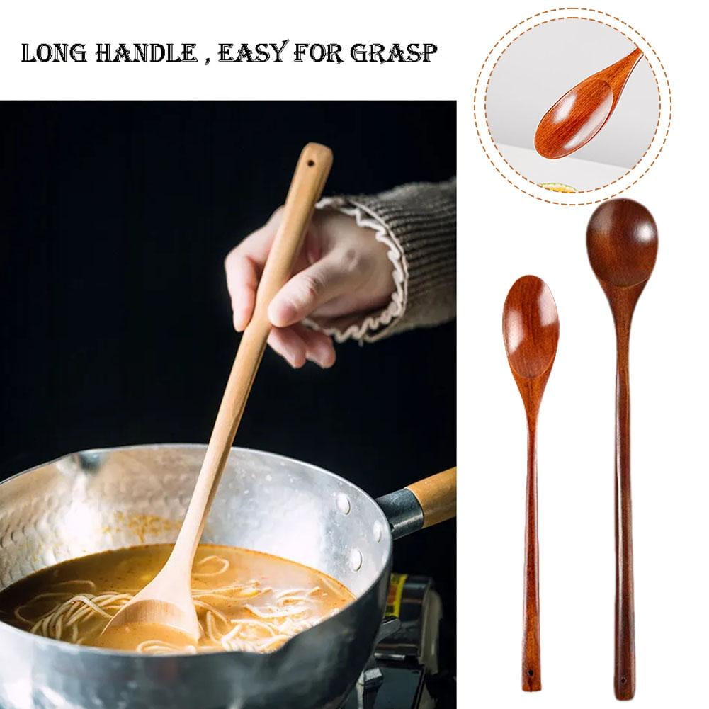 SHAPERME 33cm Round Mouth Spoon Wooden Long Handle Soup Stirring ...