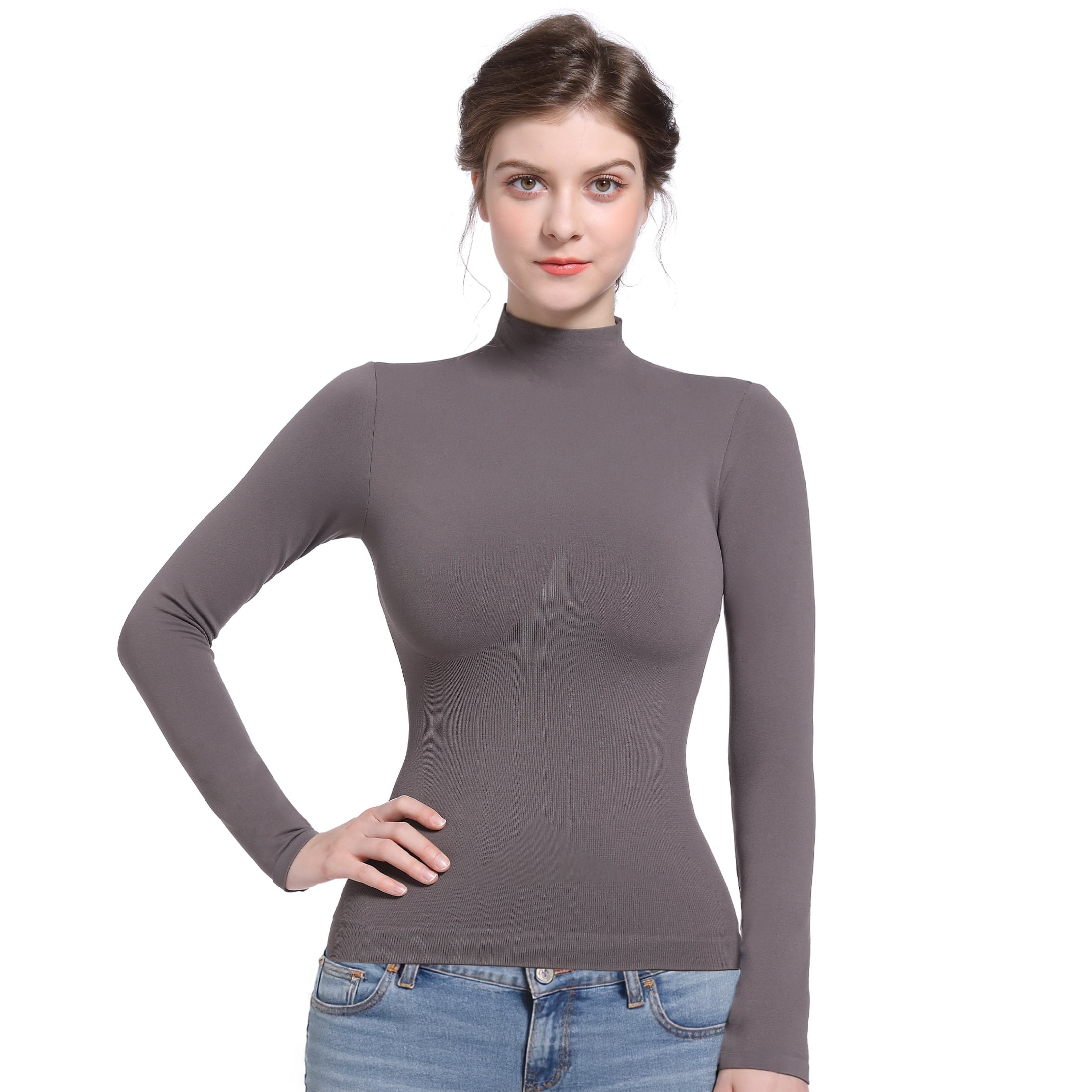 SHAPERX Women's Long Sleeve T-Shirt Mock Neck Slim Fit Tops Basic Tee ...