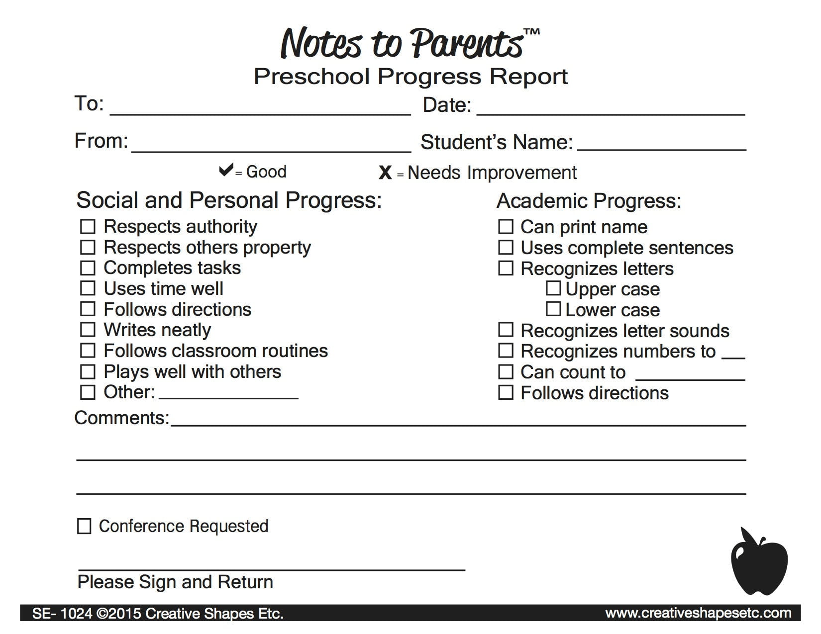 SHAPES ETC. Preschool Progress Report - Notes to Parents - Walmart.com