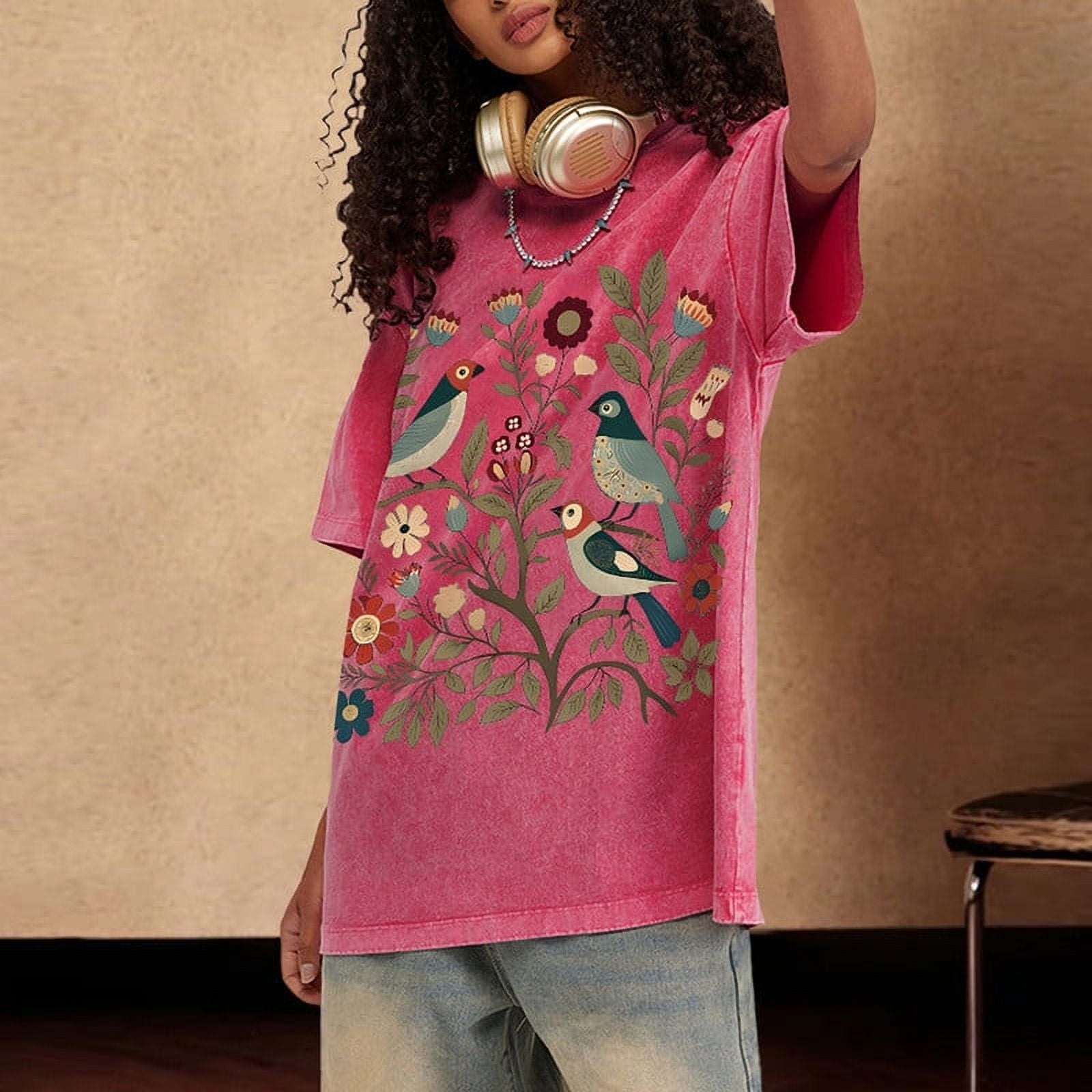 SHAPESHE Birds and Flowers T-Shirt Unisex Oversized Print Vintage Wash ...
