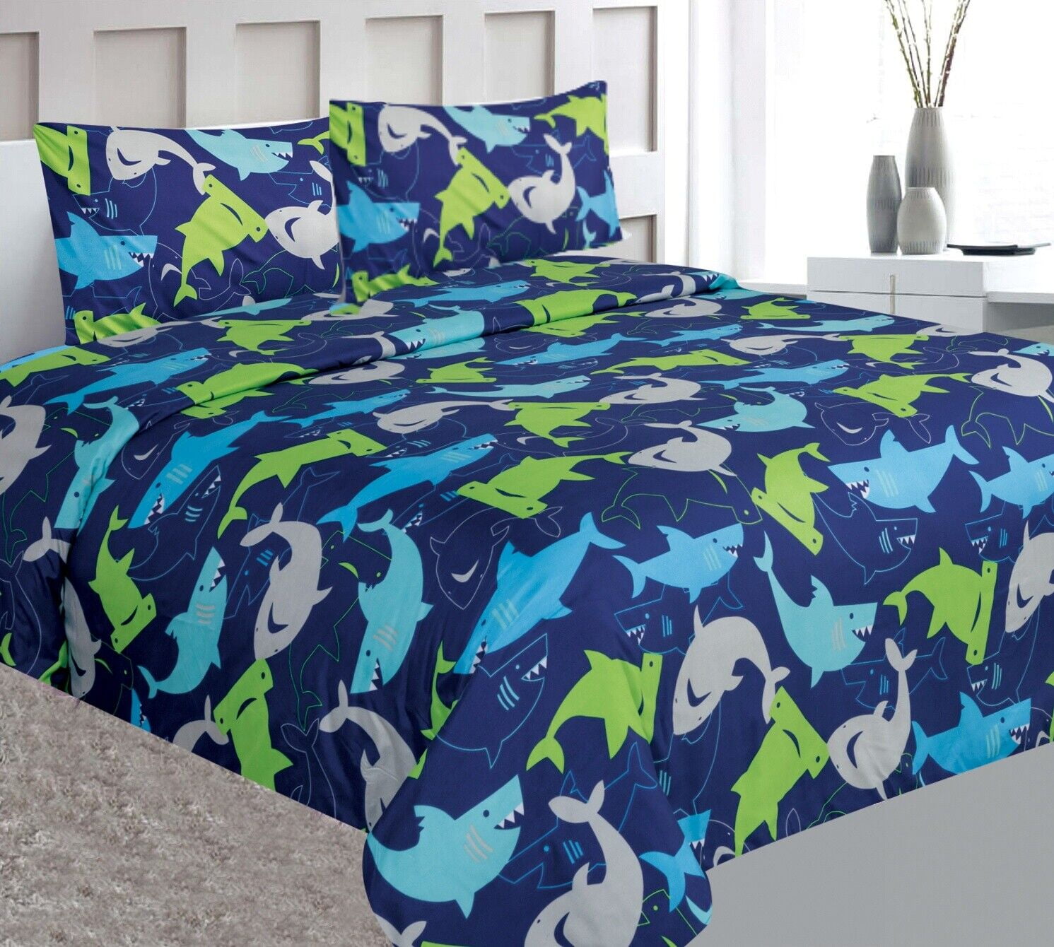 SHARK BLUE Full Kids Printed 4pc Sheet Set Premium Collection Modern ...