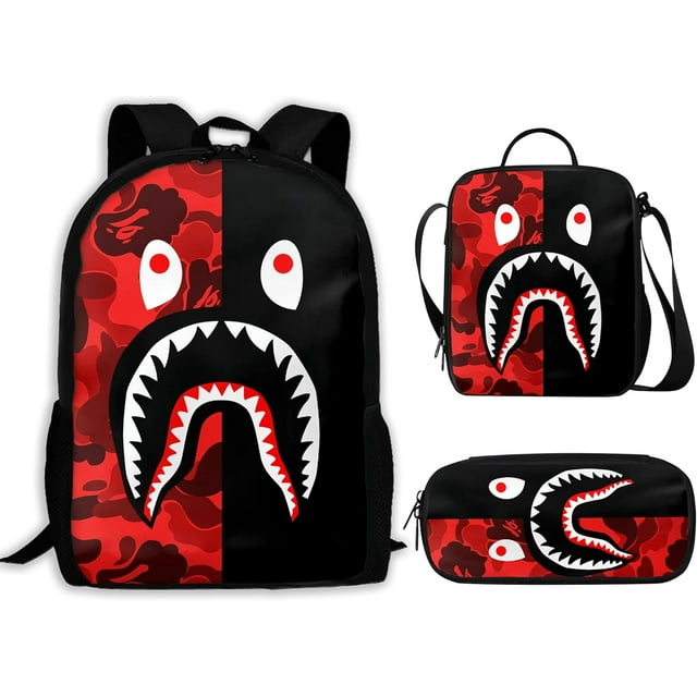 SHARK Backpacks 3 in 1 Casual Daypack Set Durable Knapsack with Lunch ...