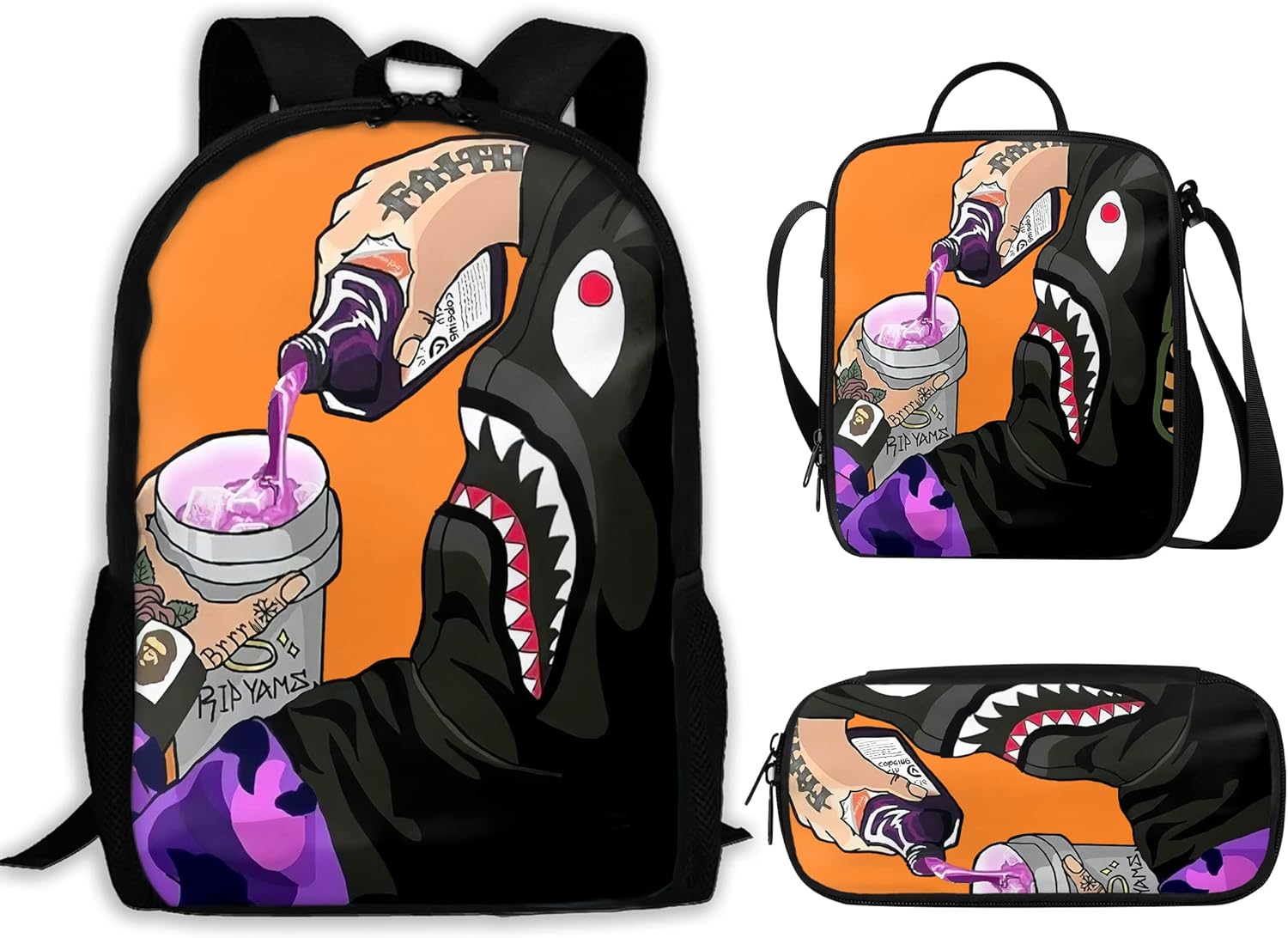 SHARK Backpacks 3 in 1 Casual Daypack Set Durable Knapsack with Lunch ...