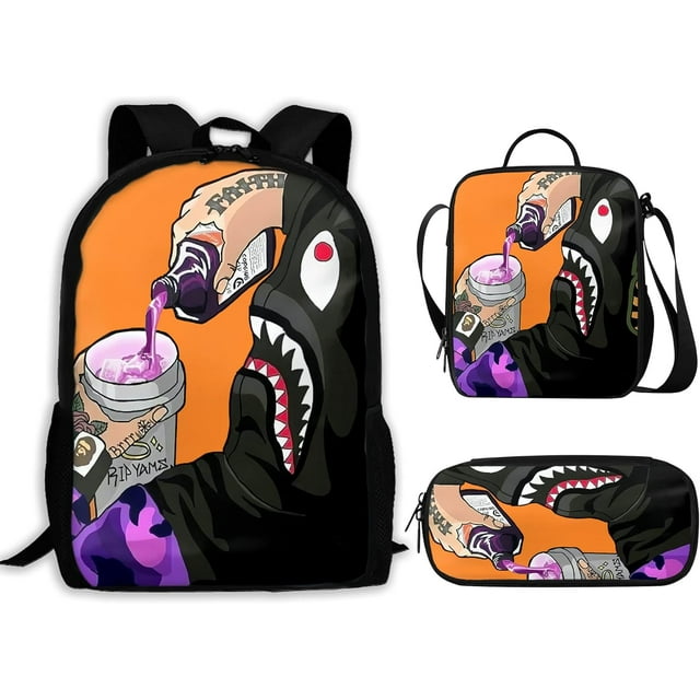 SHARK Backpacks 3 in 1 Casual Daypack Set Durable Knapsack with Lunch ...