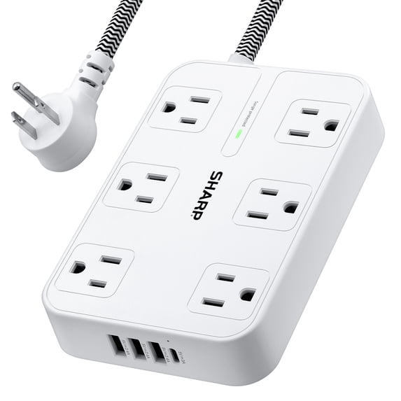 Sharp, Surge Protector Power Strip, 6-Outlet 4 USB, 6 ft Braided Cord ...