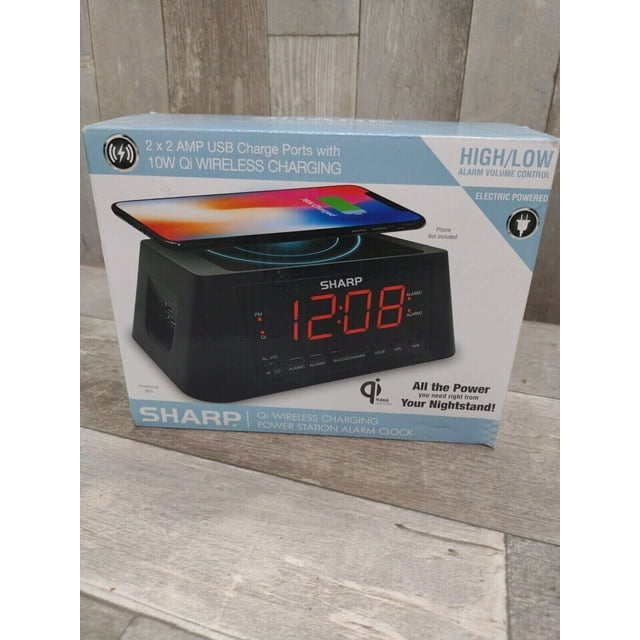 SHARP Alarm Clock 2/2 AMP USB Charge w/ QI Wireless Charging Black New ...