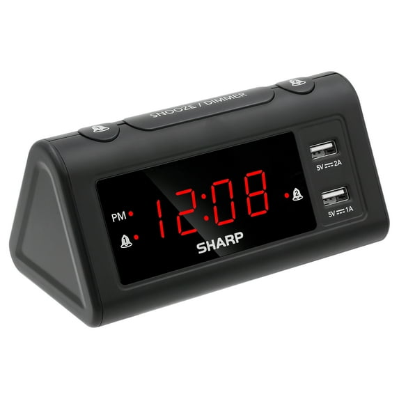 SHARP Dual Alarm Clock with 2 x USB Charge Ports, Black with Red LED ...