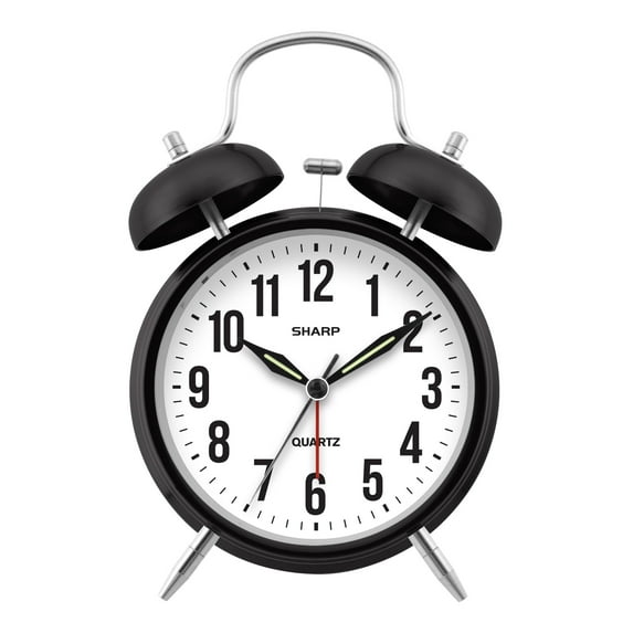SHARP Twin Bell Quartz Analog Alarm Clock, Black, Loud Alarm, Battery ...