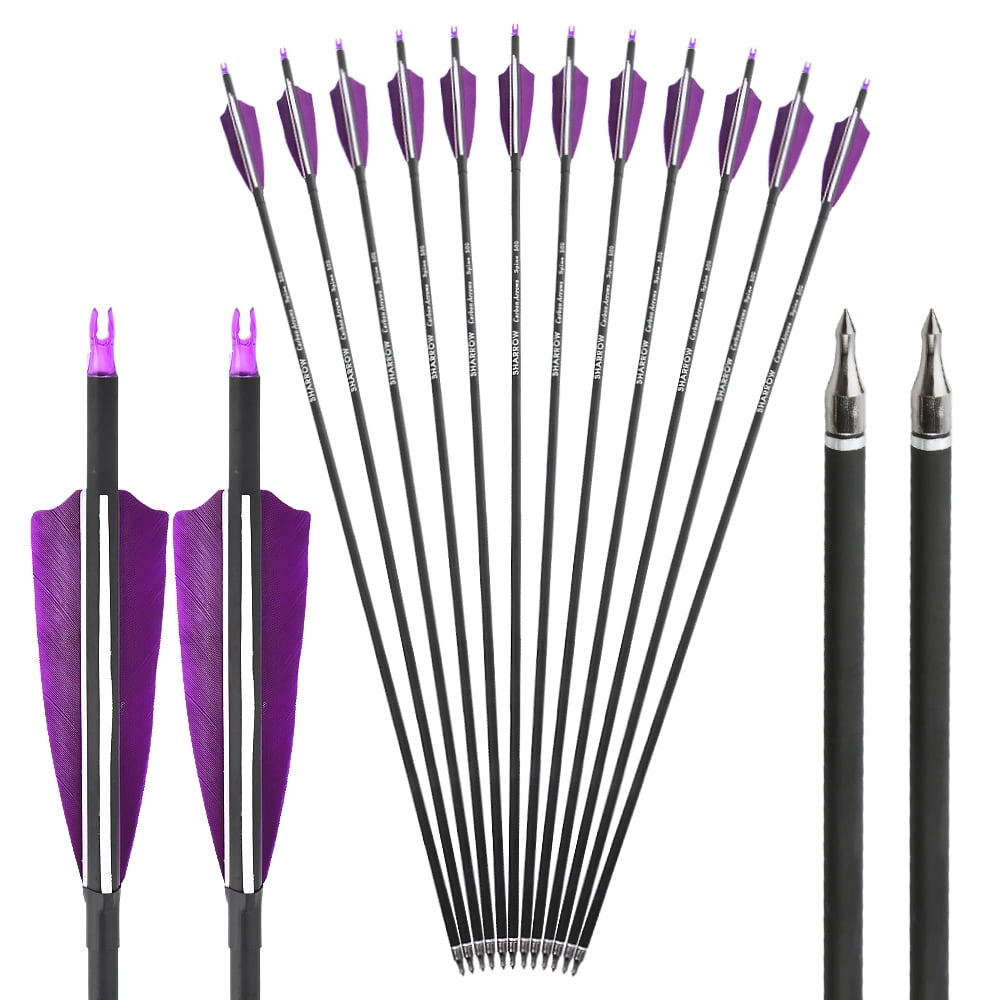 SHARROW Archery 30" Carbon Arrows with 4" Turkey Feather Spine 500, 12 ...