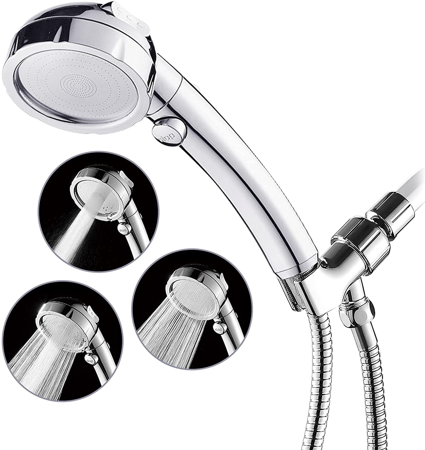 SHBOTO High Pressure Shower Head with Pause Function, 3 Spray Settings ...