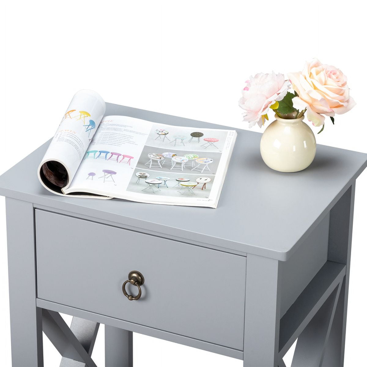 SHC Side Intersection Style Bedside Table with Two-layer Drawer Gray ...