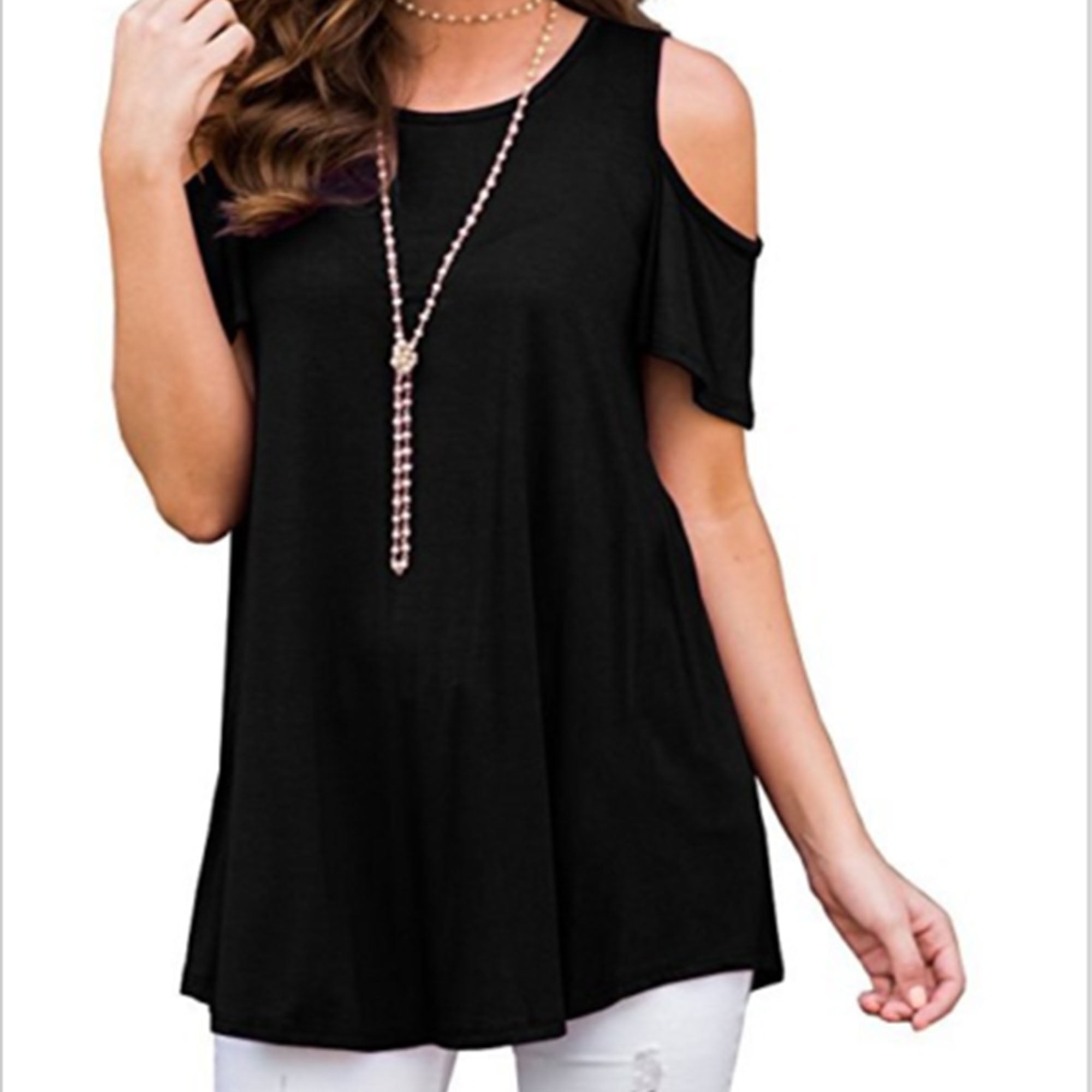 SHCKE Womens Cold Shoulder Tunic Top Crewneck Tunic Loose T Shirts Plus ...