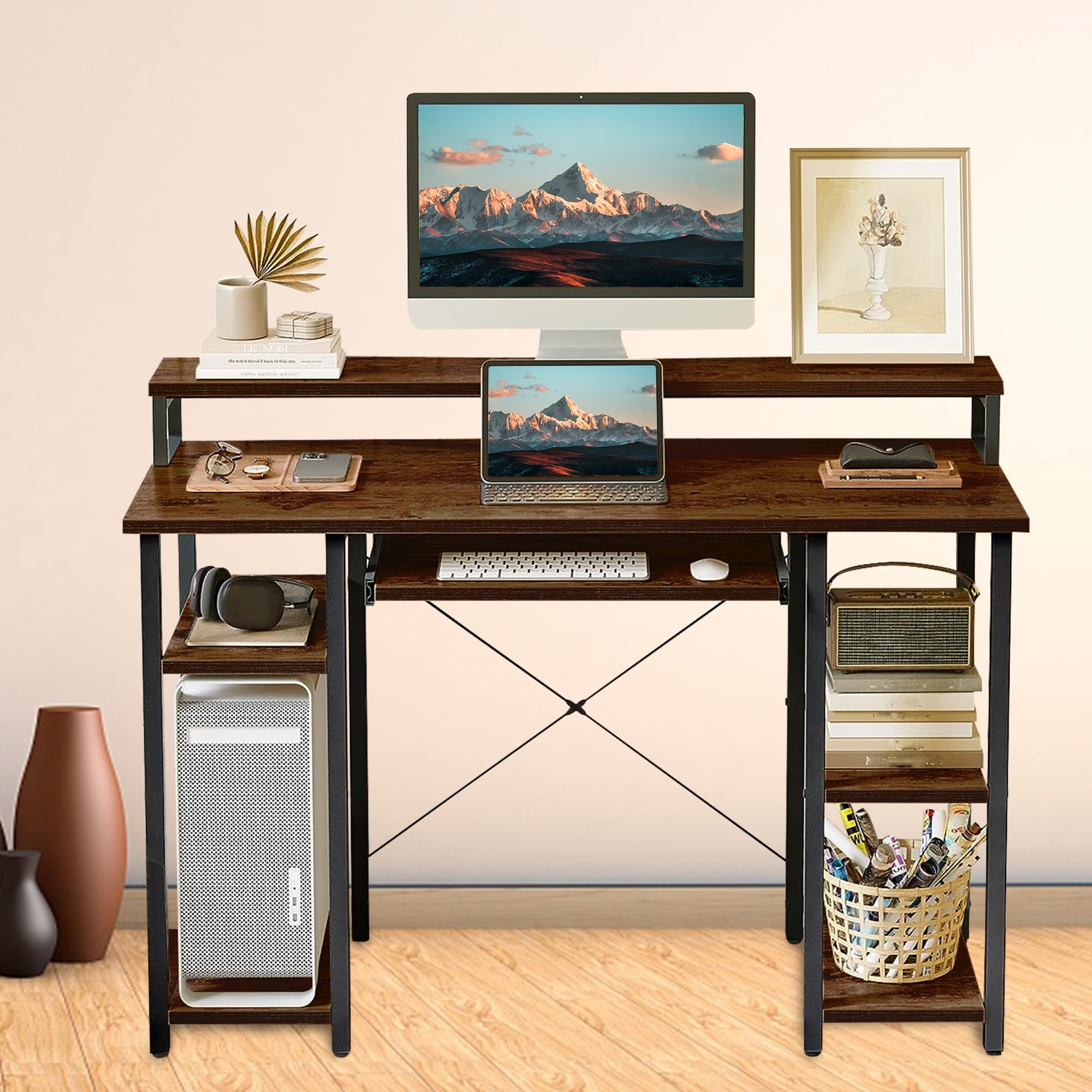 SHCKE Computer Desk Home Office Desk with Storage Shelves , Bedroom ...