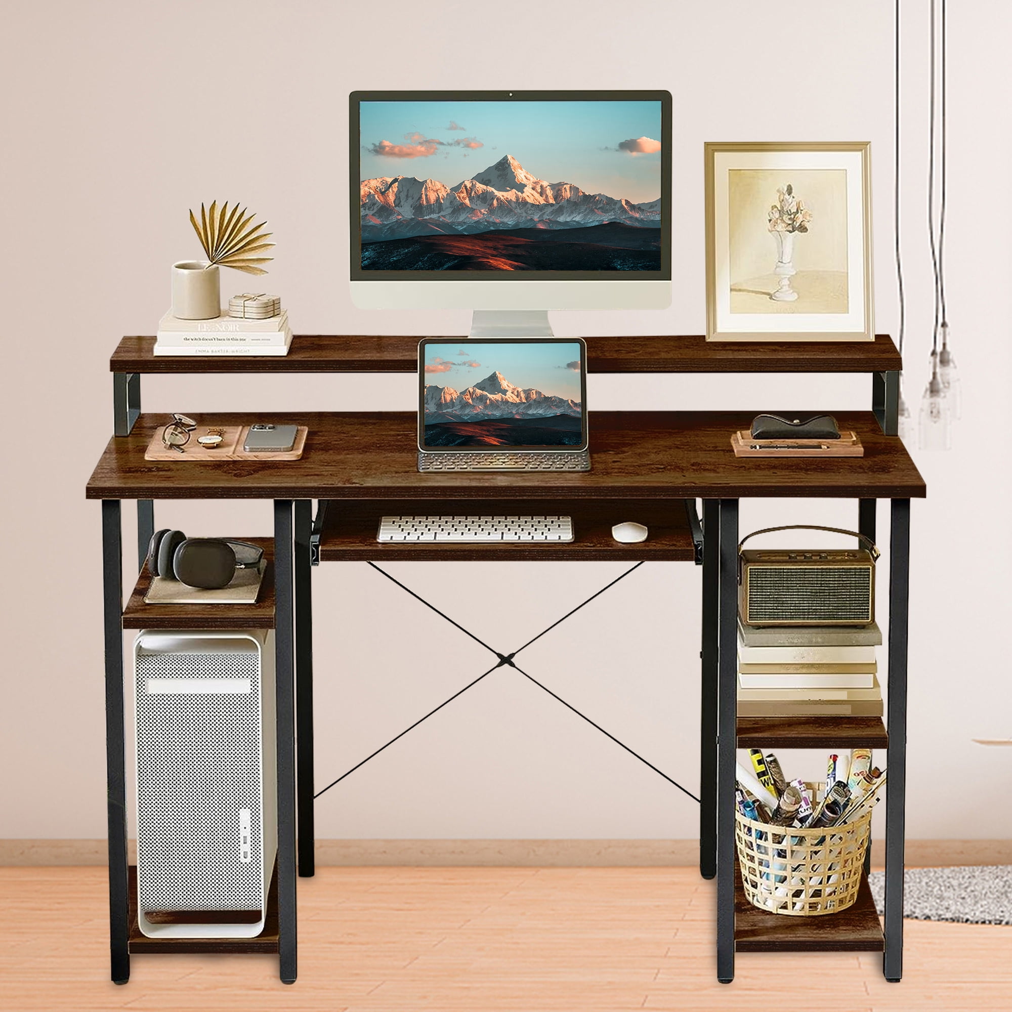 SHCKE Computer Desk with Shelves 46.4 inch Computer Desk with Keyboard ...