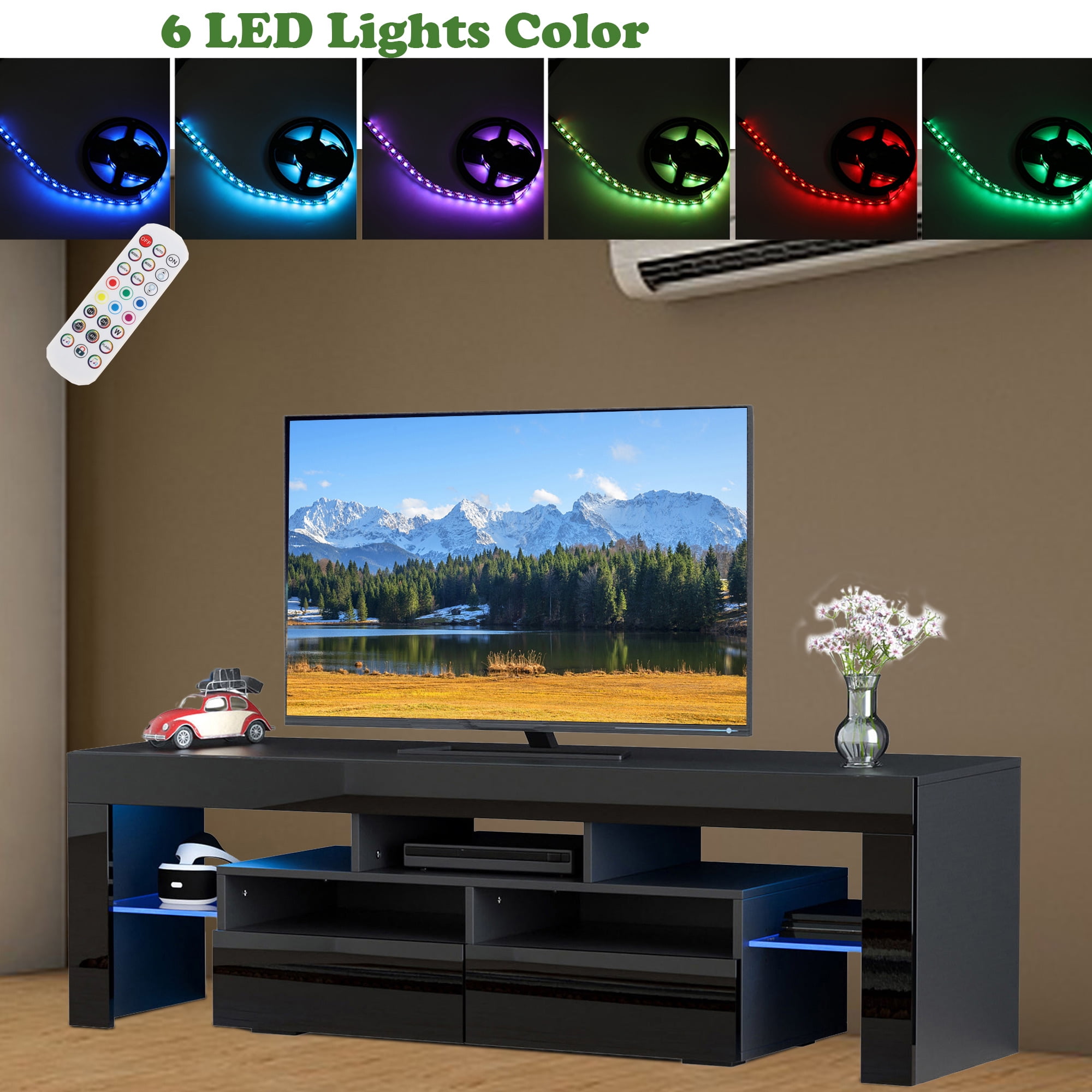 SHCKE LED TV Stand LED Entertainment Center with High Gloss Drawers ...