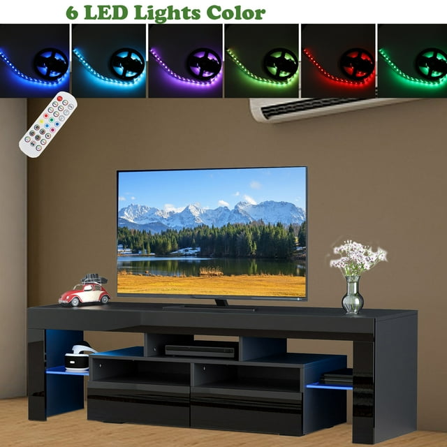 SHCKE LED TV Stand LED Entertainment Center with High Gloss Drawers ...