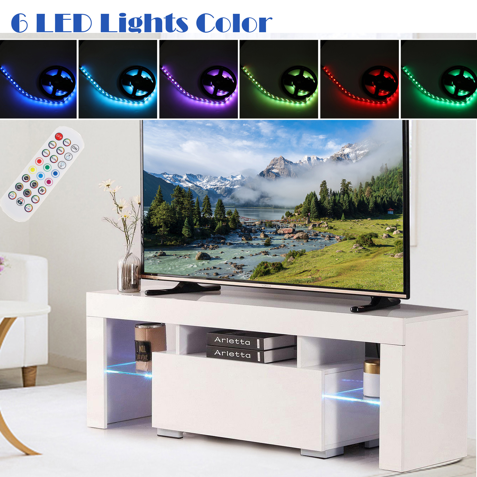 SHCKE LED TV Stand LED Entertainment Center with High Gloss Drawers ...