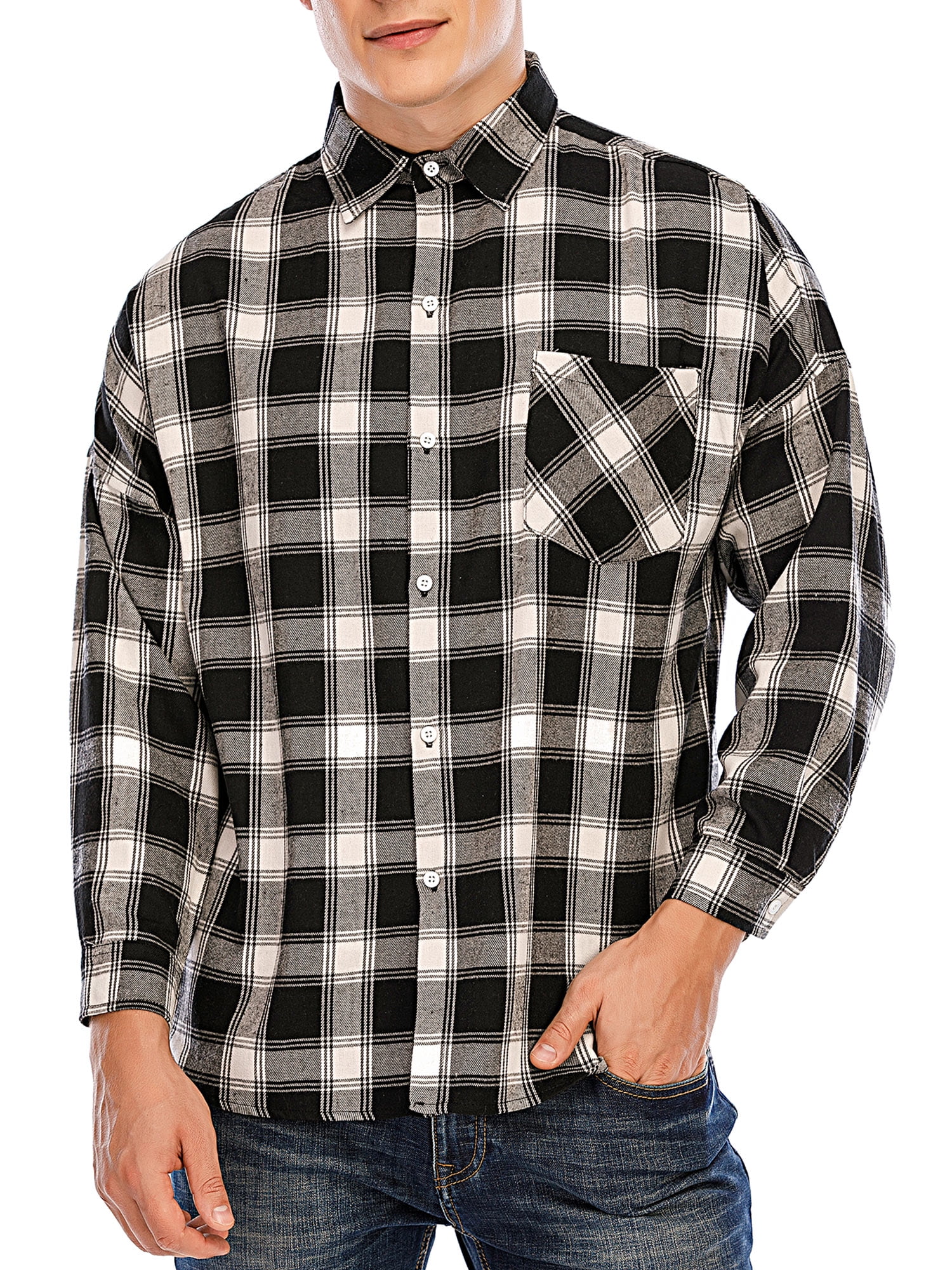 SHCKE Men's Plaid Flannel Shirts Long Sleeve Slim Fit Casual Shirts ...