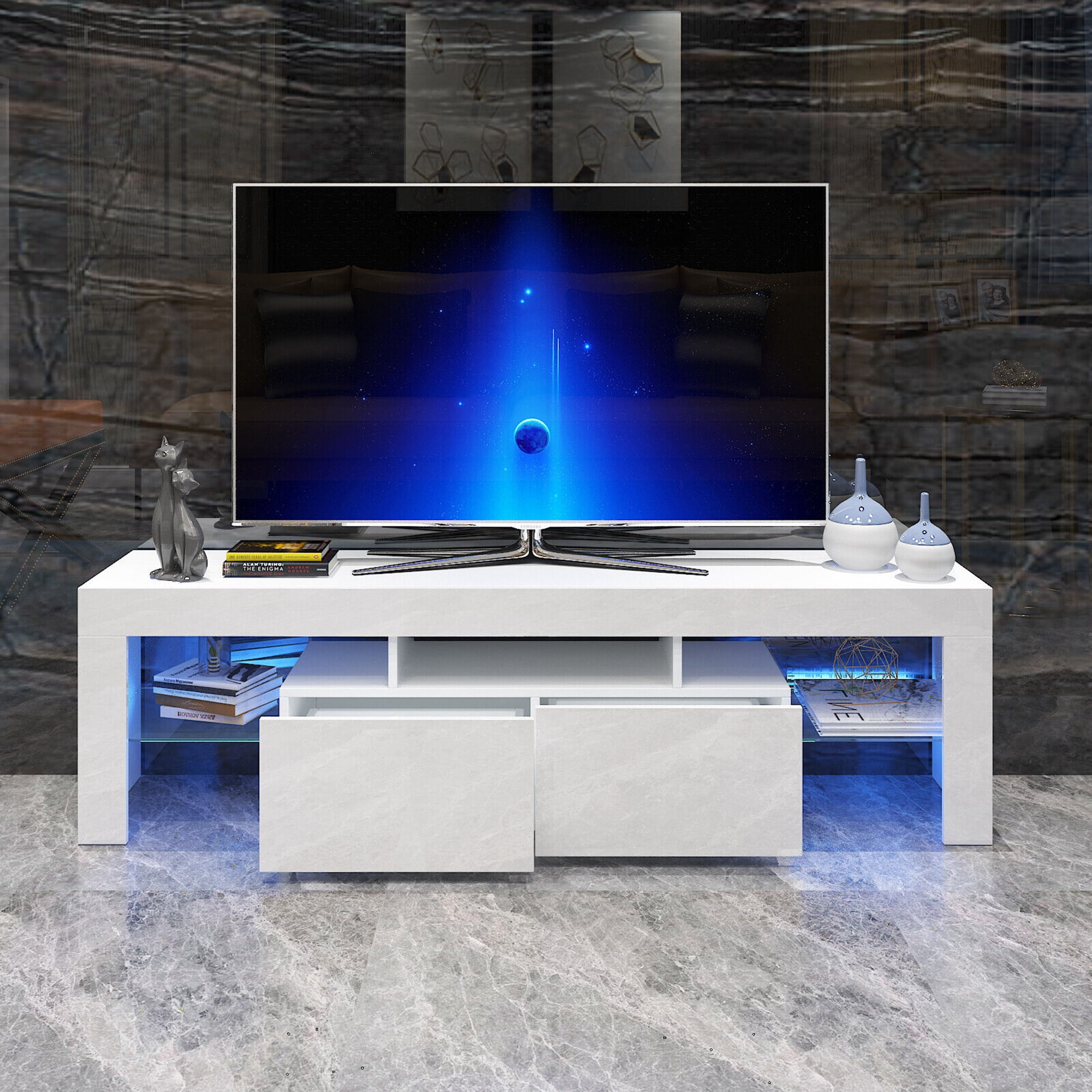 SHCKE Modern LED TV Stand Black/White TV Console High Glossy ...