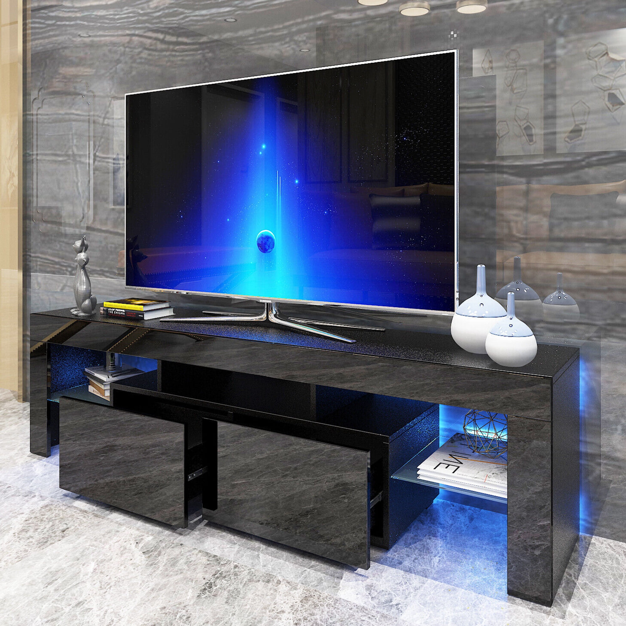 SHCKE Modern LED TV Stand Black/White TV Console High Glossy ...