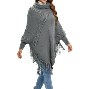 LELINTA Women's Tassel Ponchos Sweater Knitted Irregular Hem Poncho ...