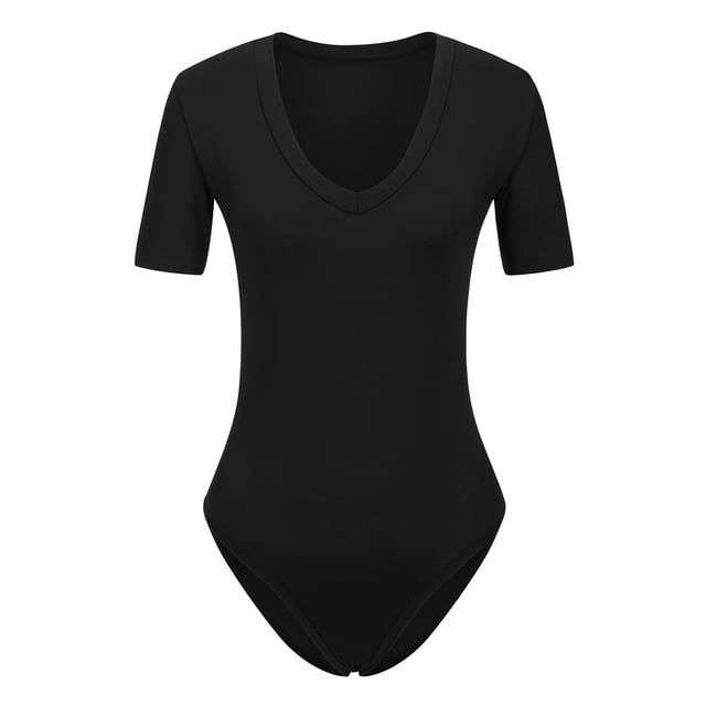 Shcke Womens Deep V Neck Short Sleeves Bodysuit Sexy Slim Fit Bodysuit
