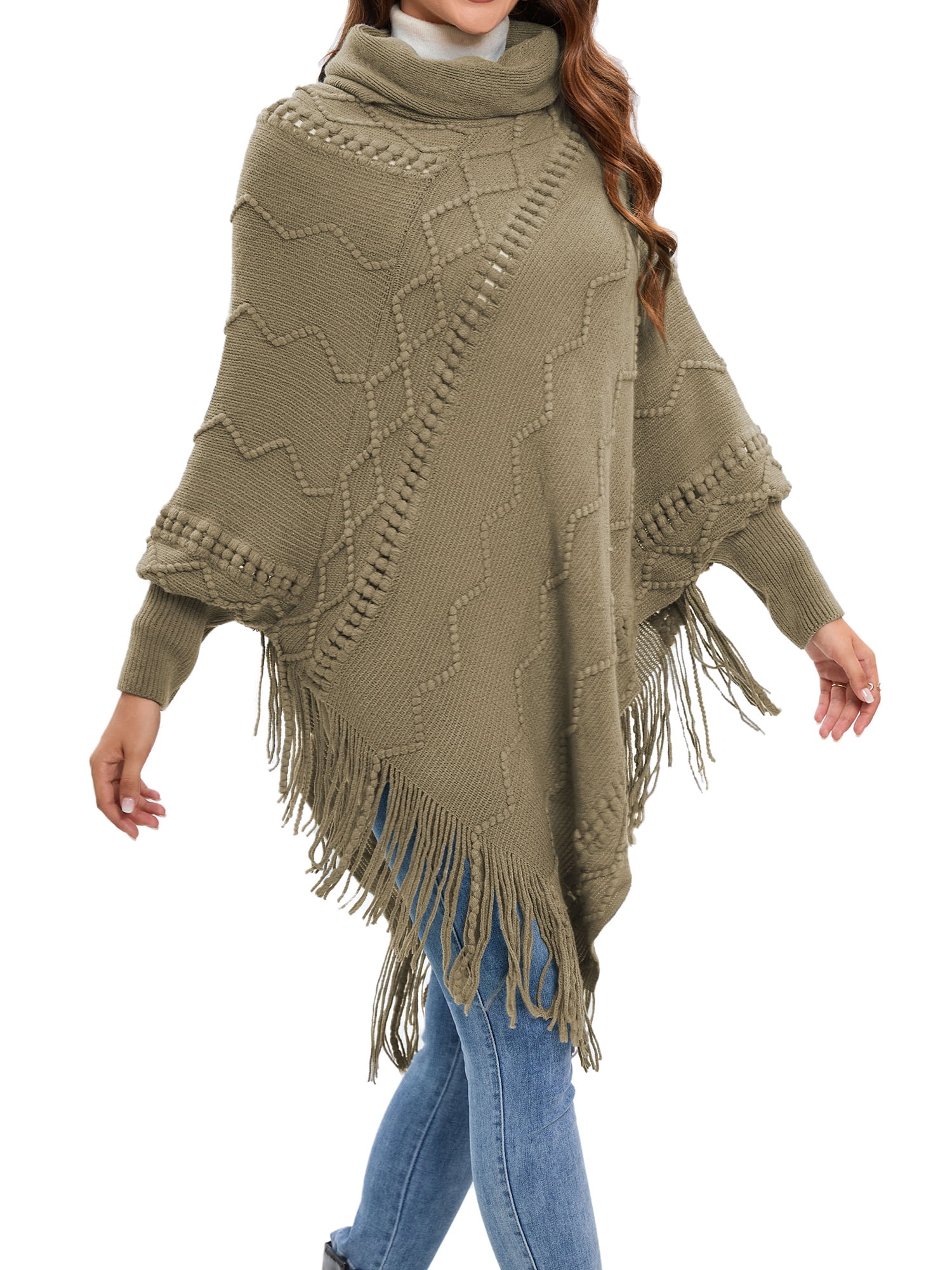SHCKE Women's Poncho Shawl Tassel Hem Sweater Pullover Poncho Coat ...