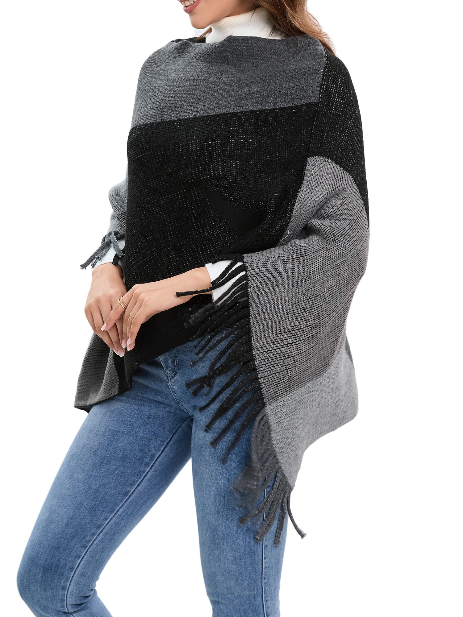 SHCKE Womens Poncho Sweater Color Block Pullover Soft Scarf Wrap Cape ...