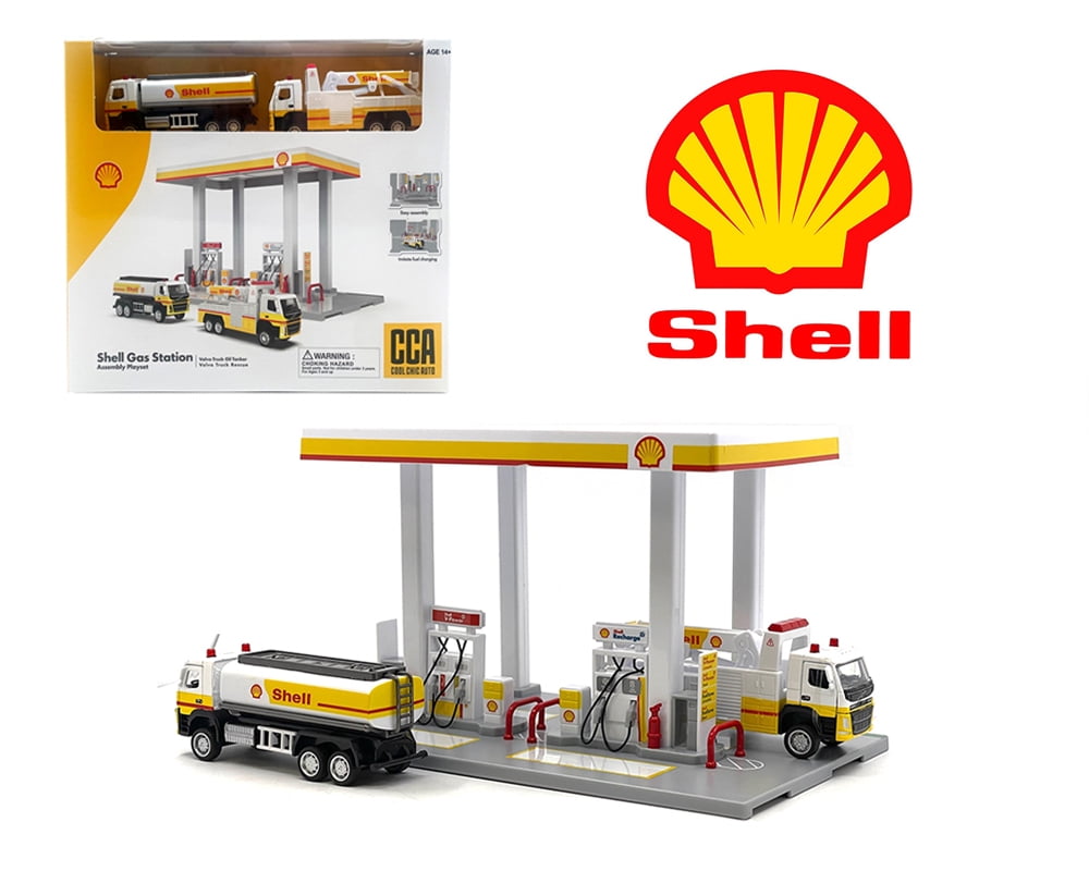 SHELL GAS STATION W/VOLVO OIL TANKER & TOW TRUCK DIORAMA PLAYSET ...