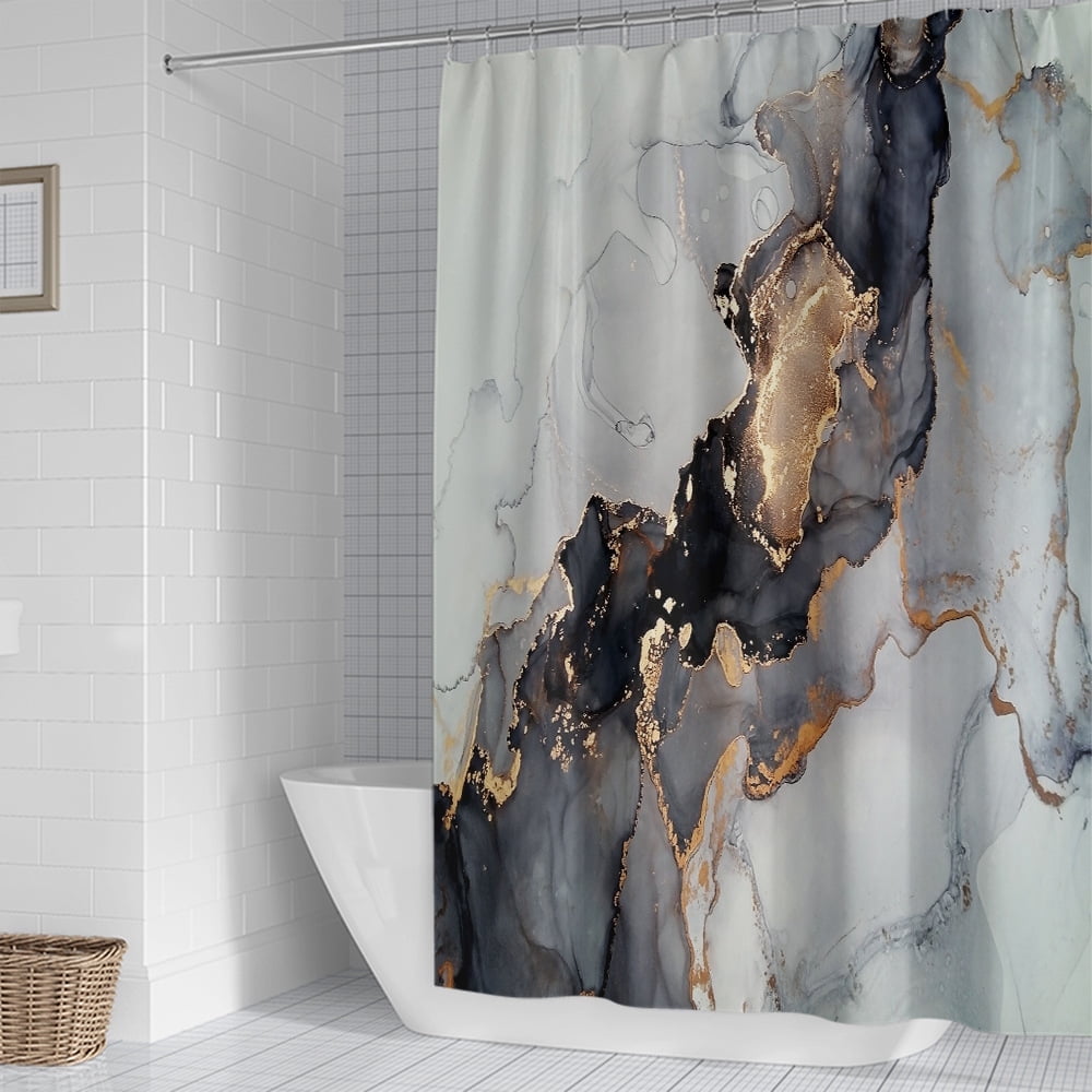 SHELLTON Black and Gold Marble Shower Curtain Set with 12 Hooks Black Ink Texture Luxurious ...