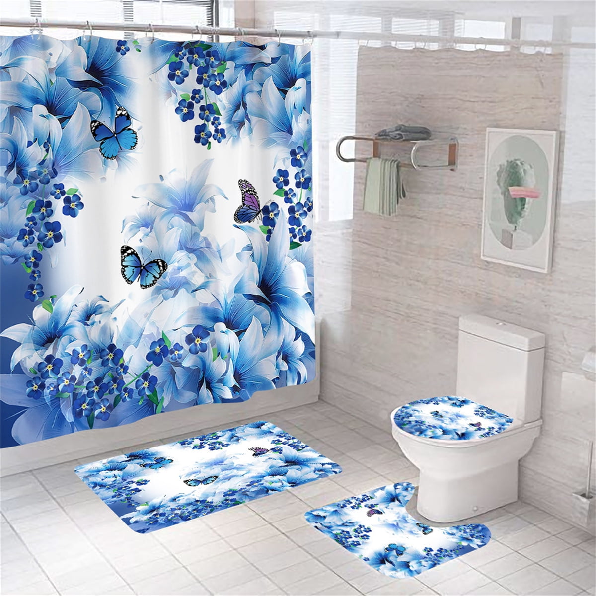 SHELLTON Colorful Blue Butterflies 3 Piece Bathroom Rug Set with Bath ...