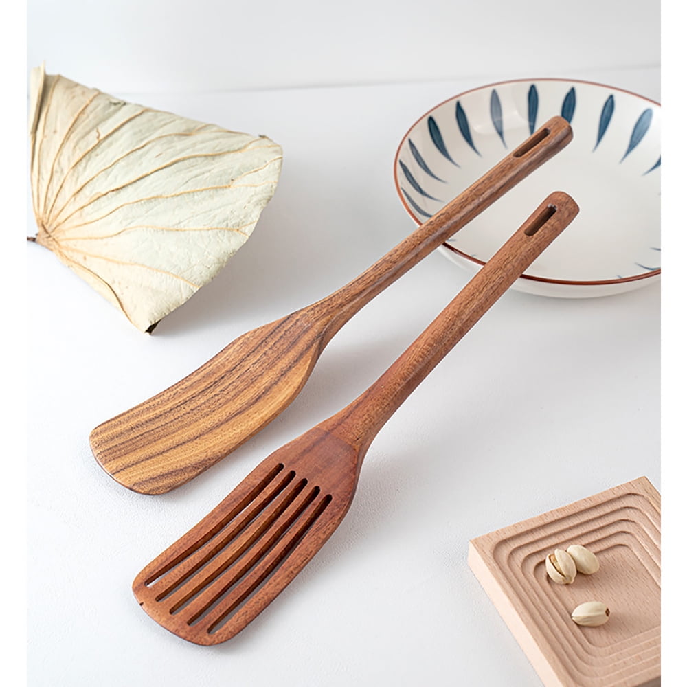 SHELLTON Muso Wood Teak Spatula Set of 2, Wooden Long Handle Slotted ...