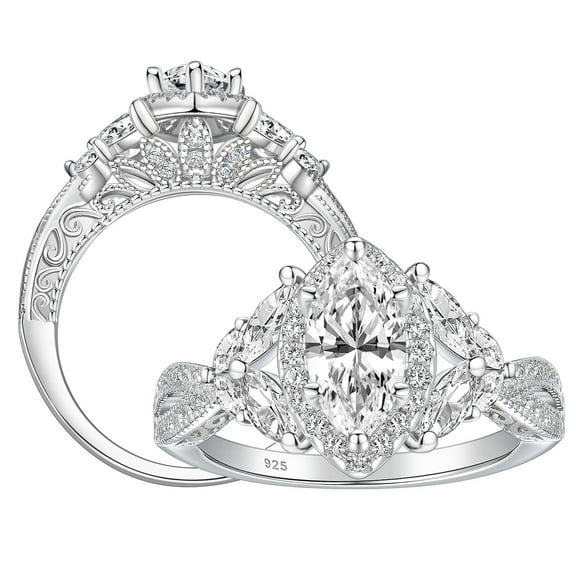Moissanite Size-7 Art Deco Round Floral Vintage Leaf Style Marquise ...